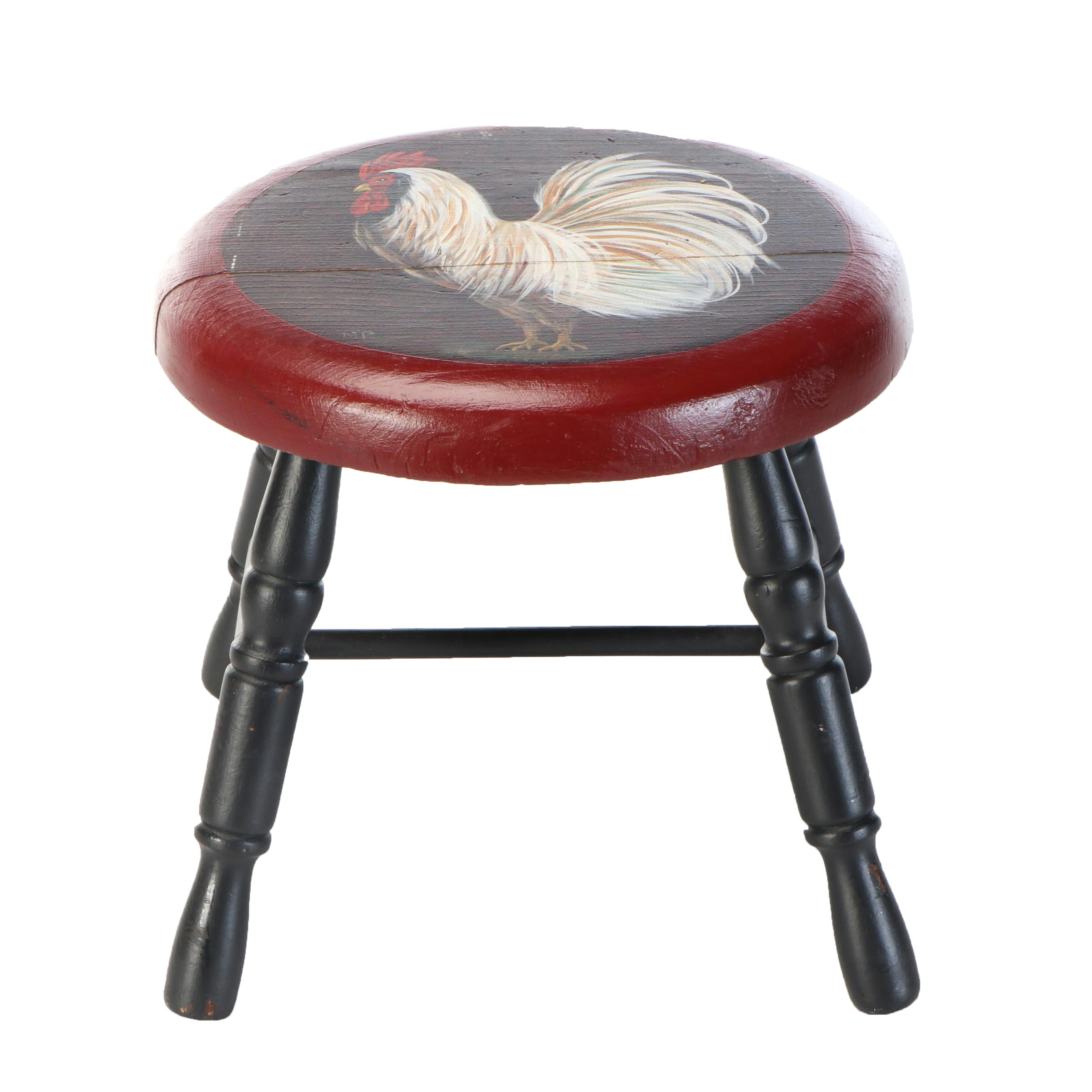 Folk Art Signed Rooster Turned-Leg Stool | EBTH