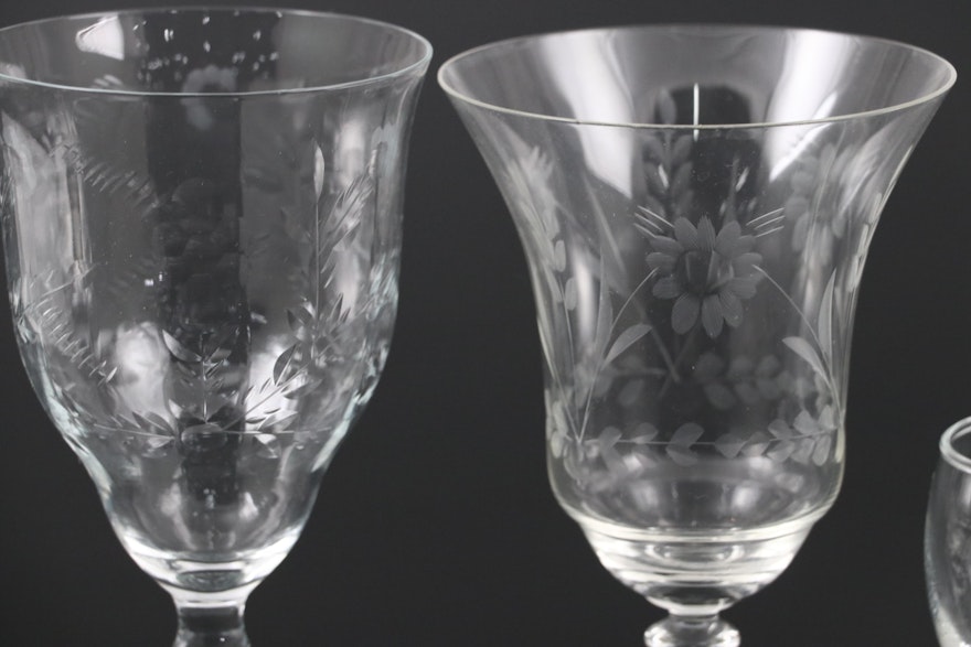 Etched Glass Wine Glasses With Glass Cordial Glasses Ebth