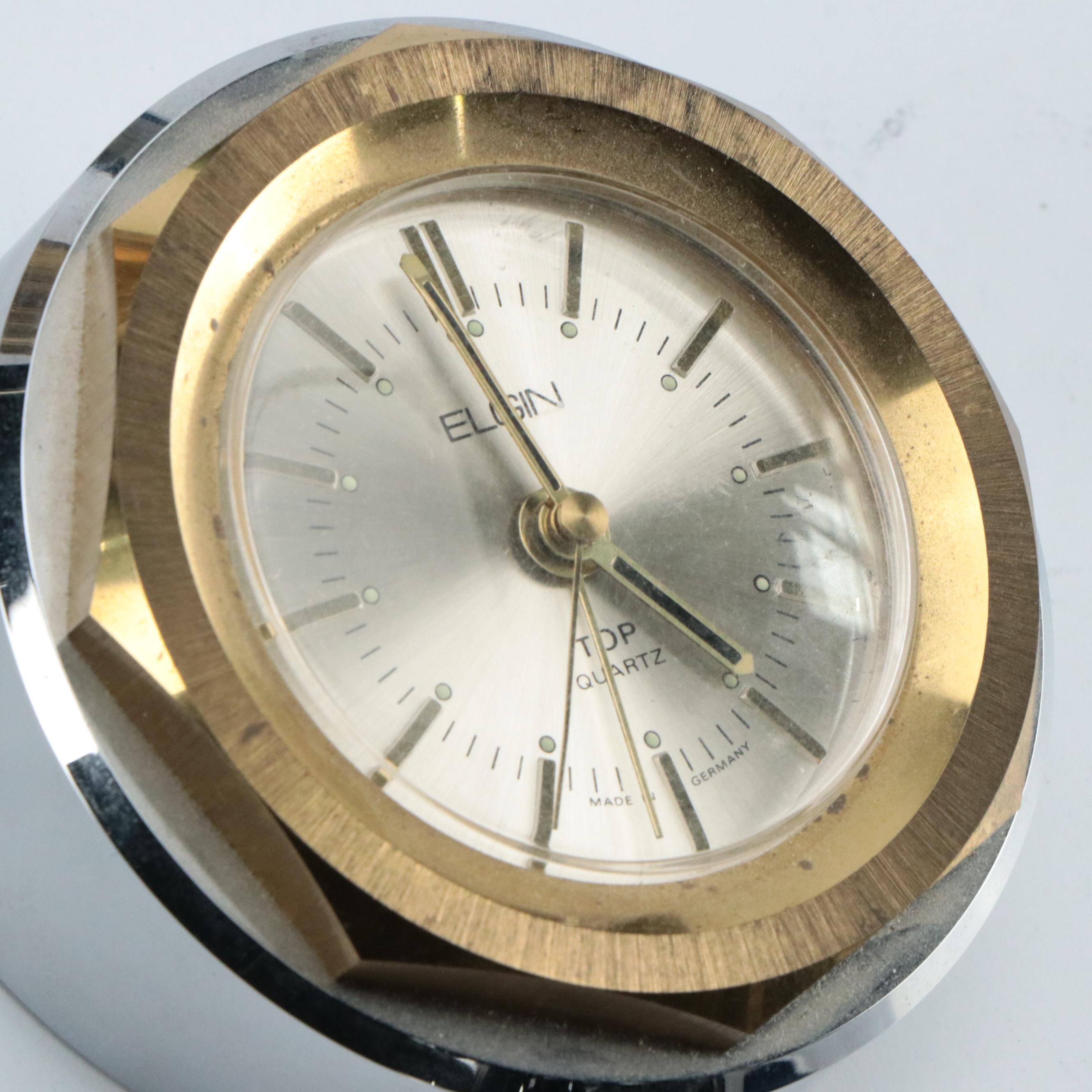 Elgin Metal Desk Clock with Brass Coin Bank, Wooden Box, and Statue of ...