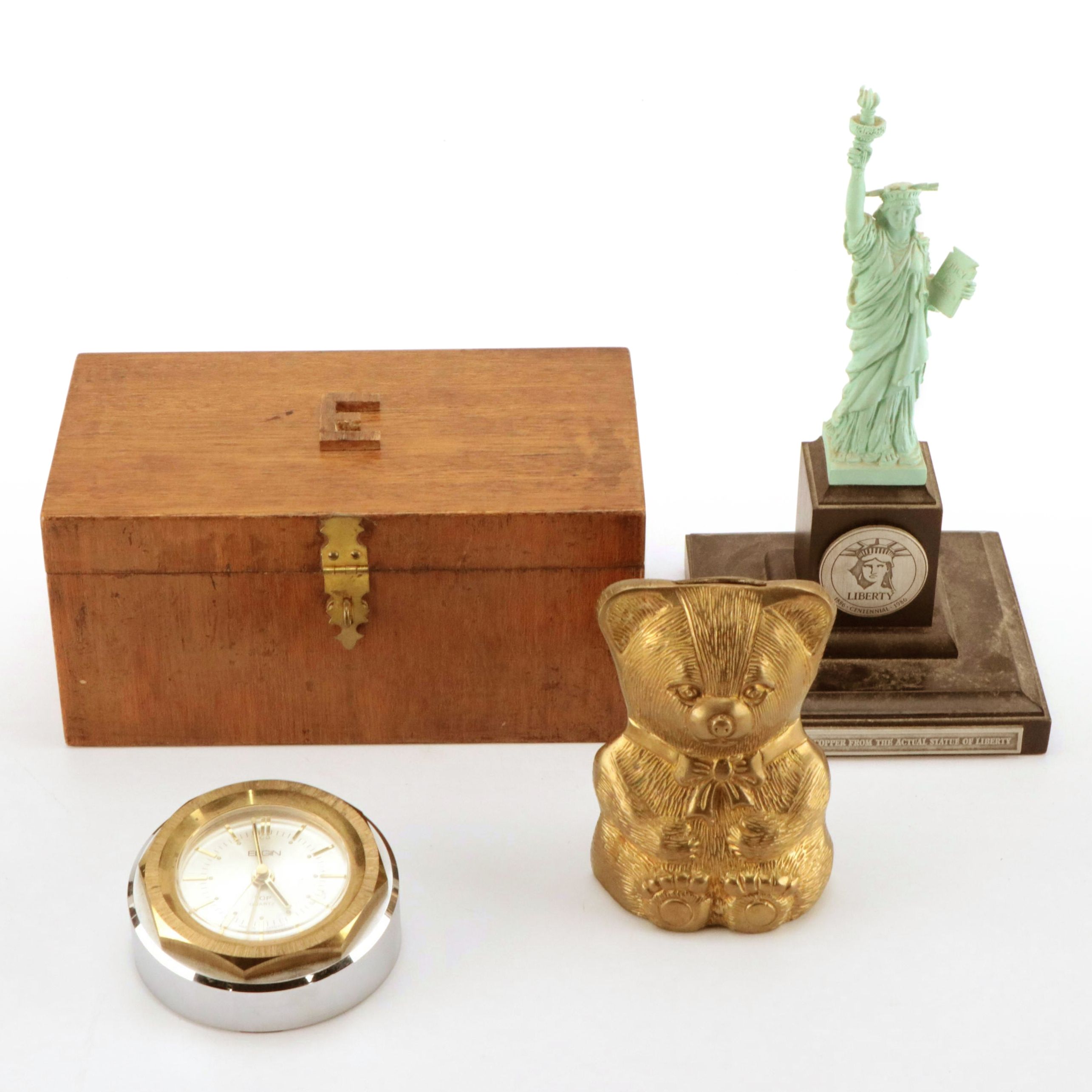 Elgin Metal Desk Clock with Brass Coin Bank, Wooden Box, and Statue of ...