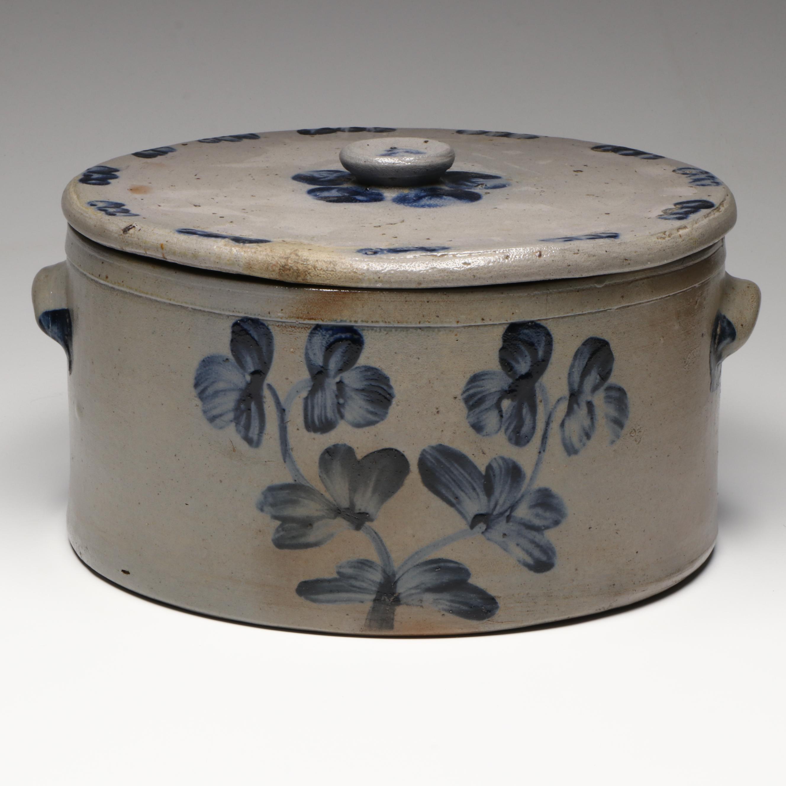 Two-Gallon Salt Glaze Stoneware Cake Crock with Lid, 19th Century | EBTH