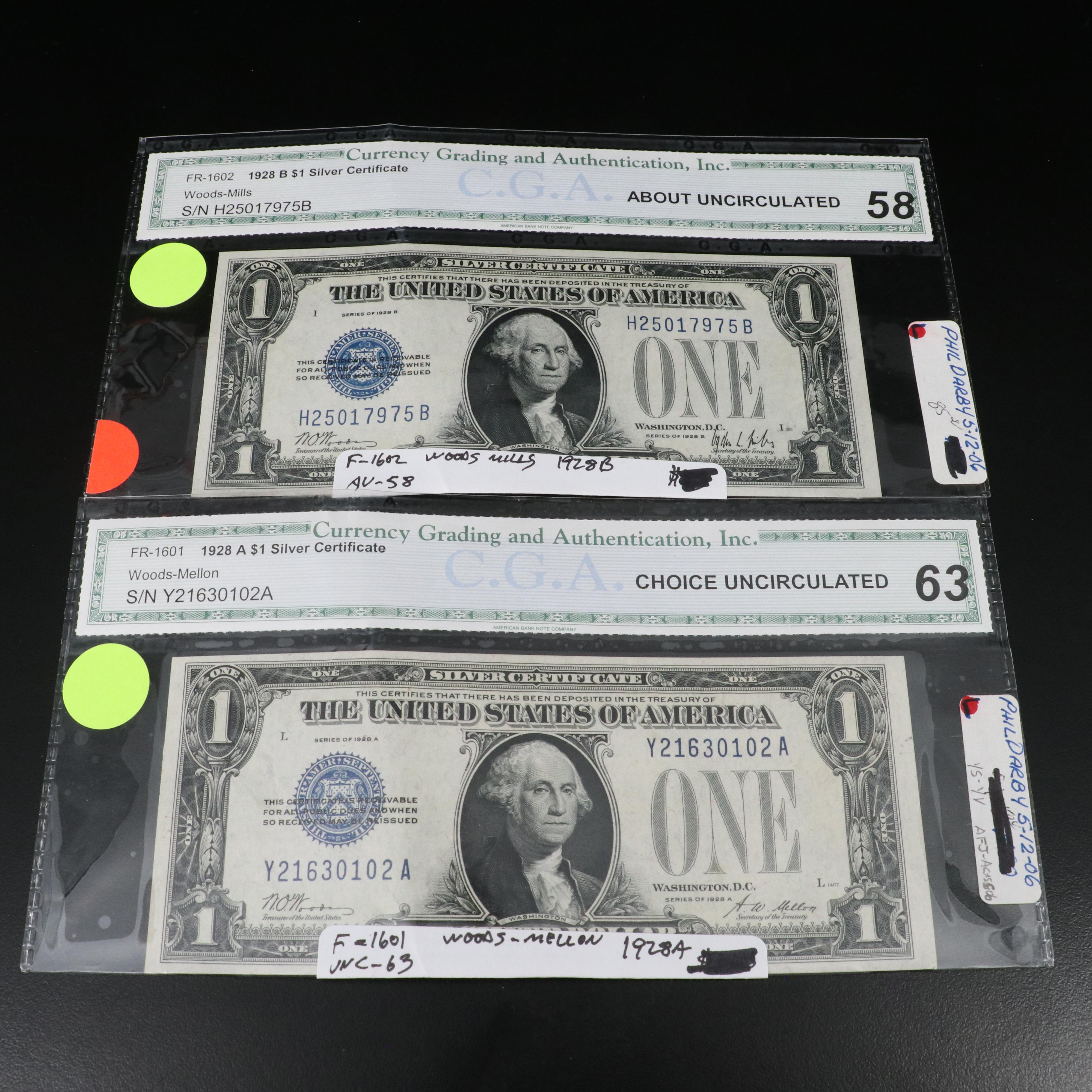 Collection of Ten Graded $1 U.S. Currency Notes Including a CGA CU 63 ...