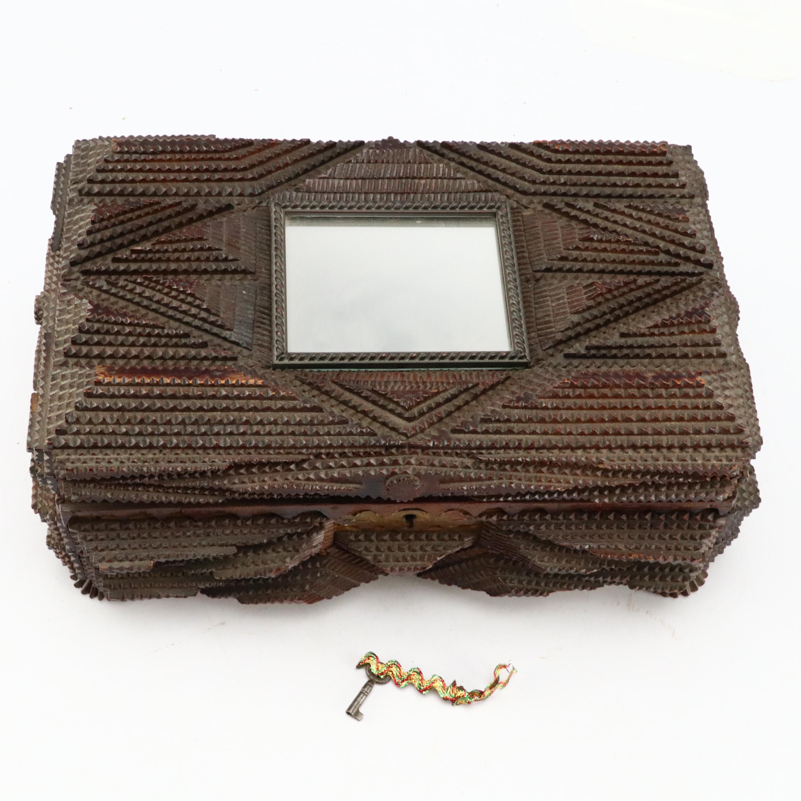 Chip-Carved German Tramp Art Box with Mirror | EBTH