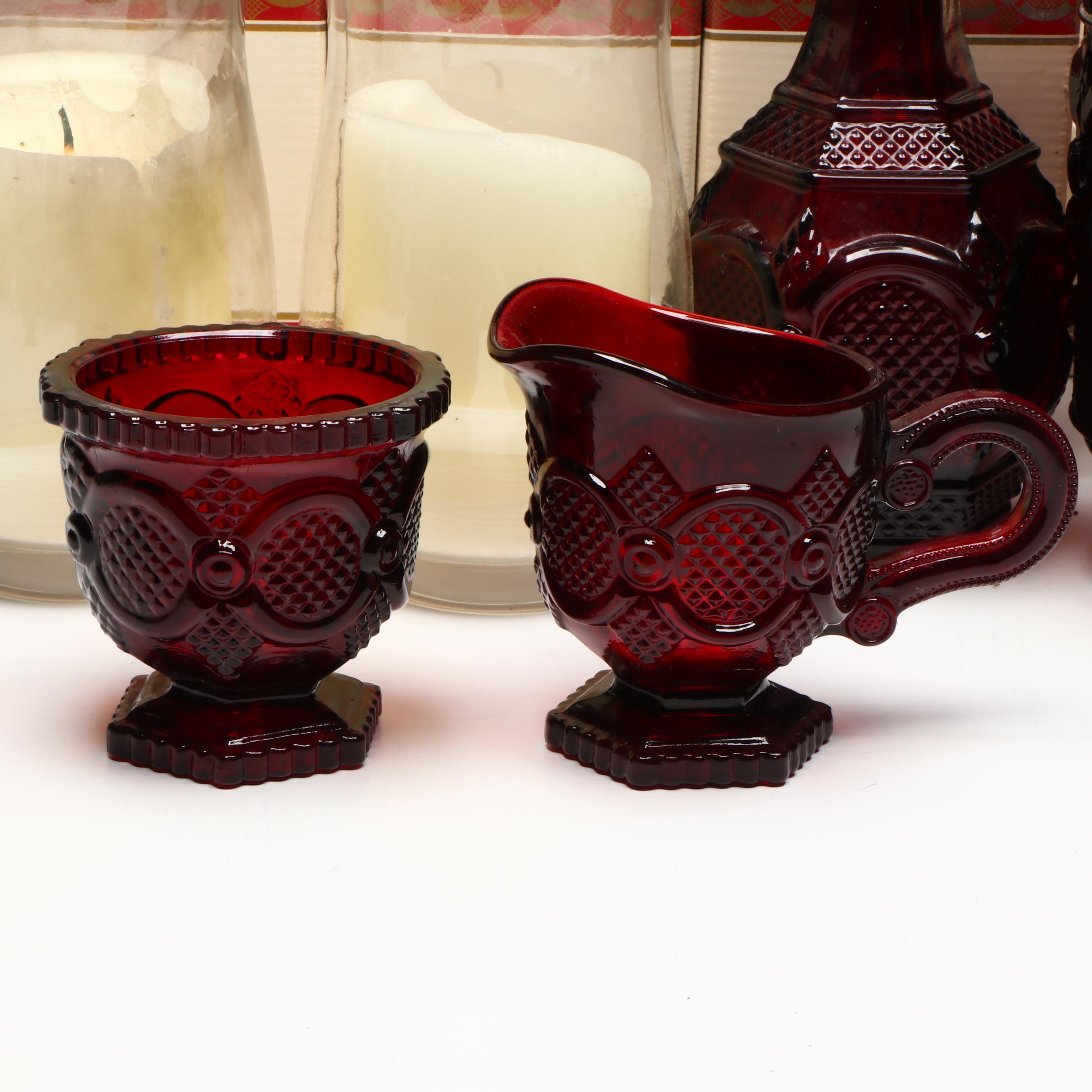 Avon "1867 Cape Cod" Ruby Glass Pitcher with Tableware and Accessories ...