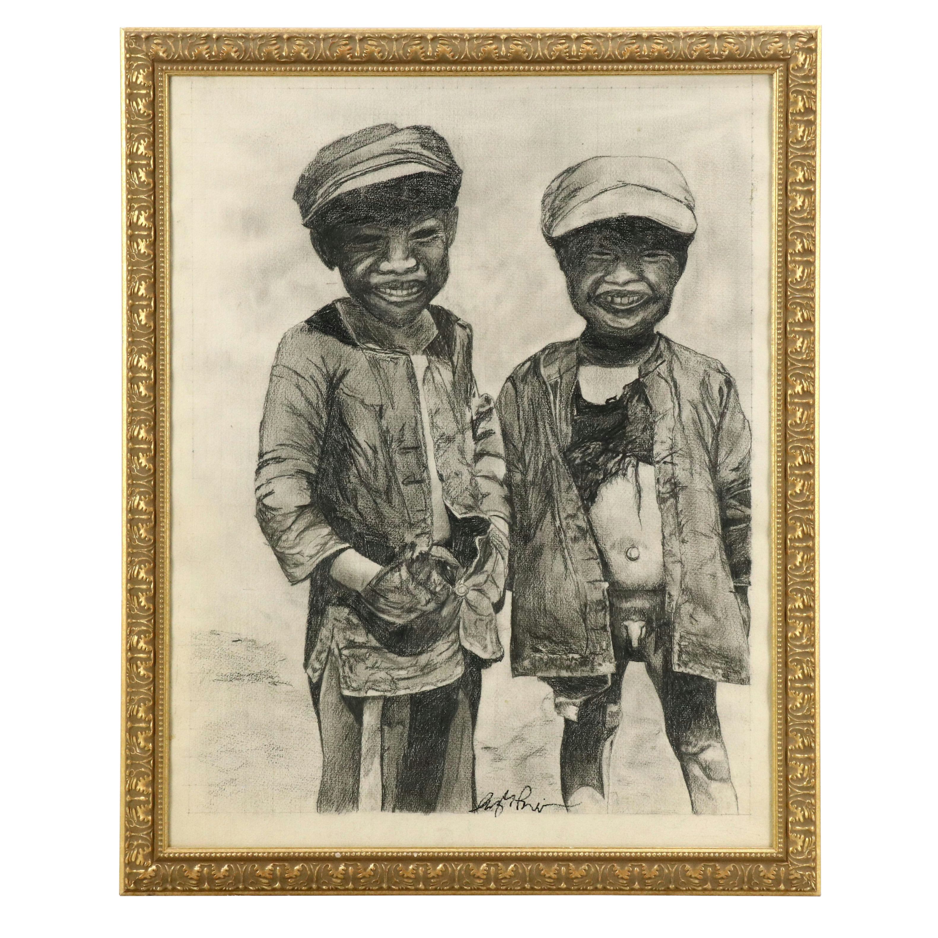 Portrait Graphite Drawing of Two Young Boys | EBTH