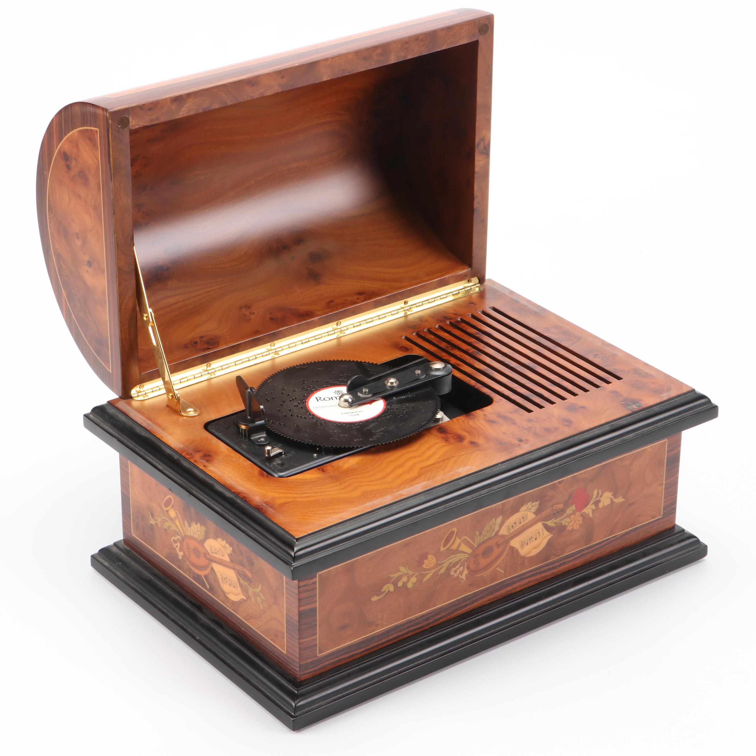 Reuge Rosewood, Burl, Satinwood Marquetry Dome Top Music Box with Disk ...