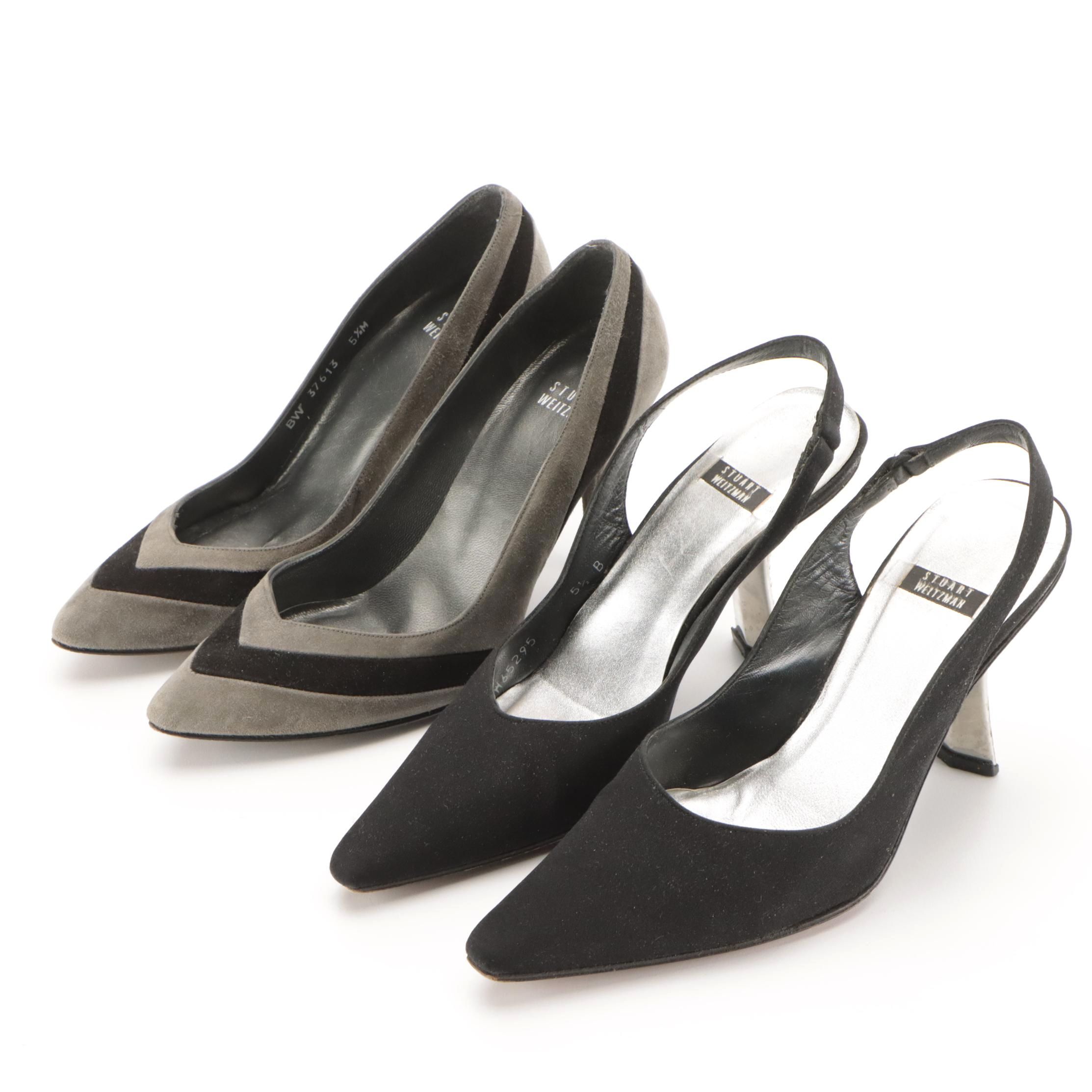 Stuart Weitzman Black/Grey Suede Pointed-Toe Pumps and Satin Slingbacks ...