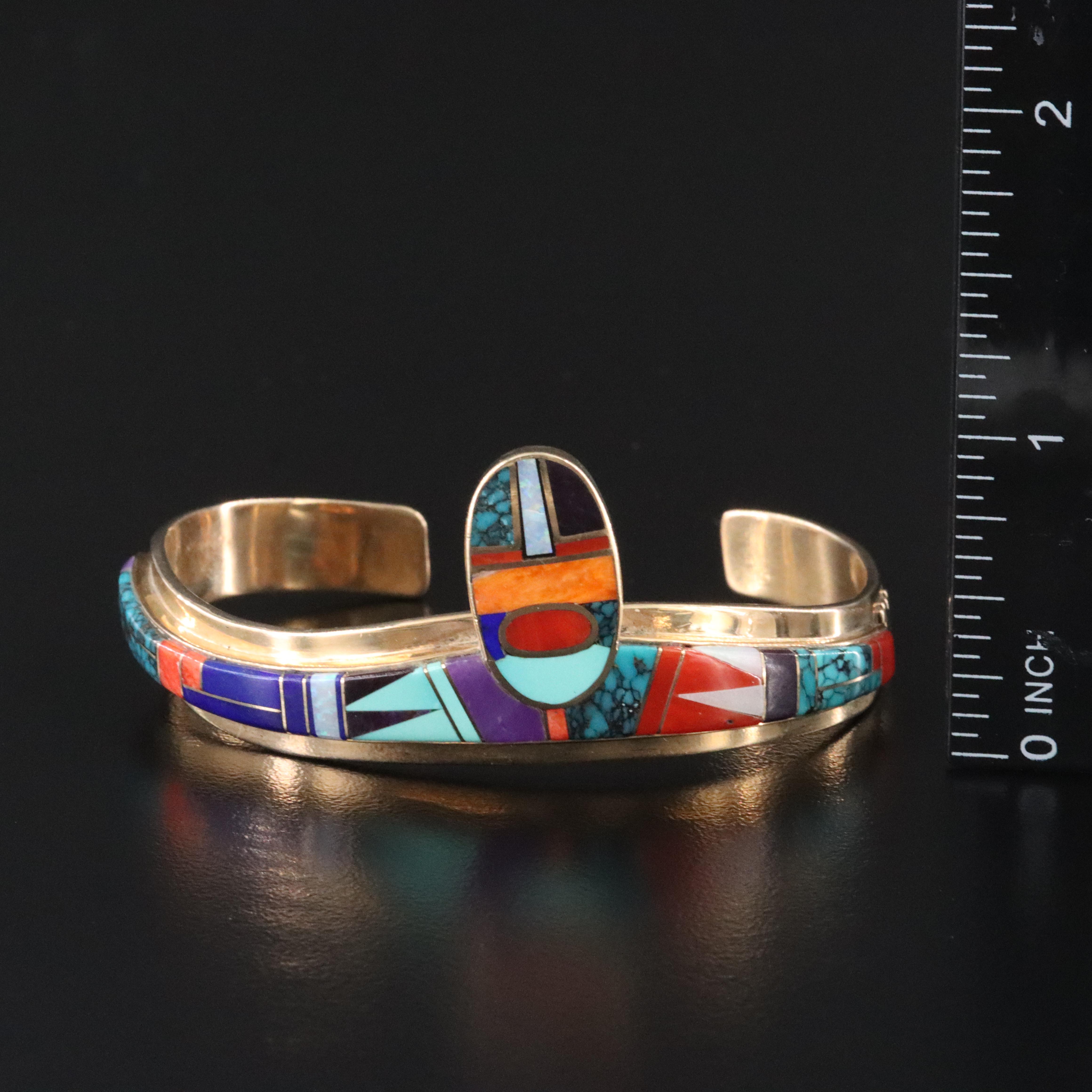 Southwestern Signed 14K Gemstone Inlay Cuff | EBTH