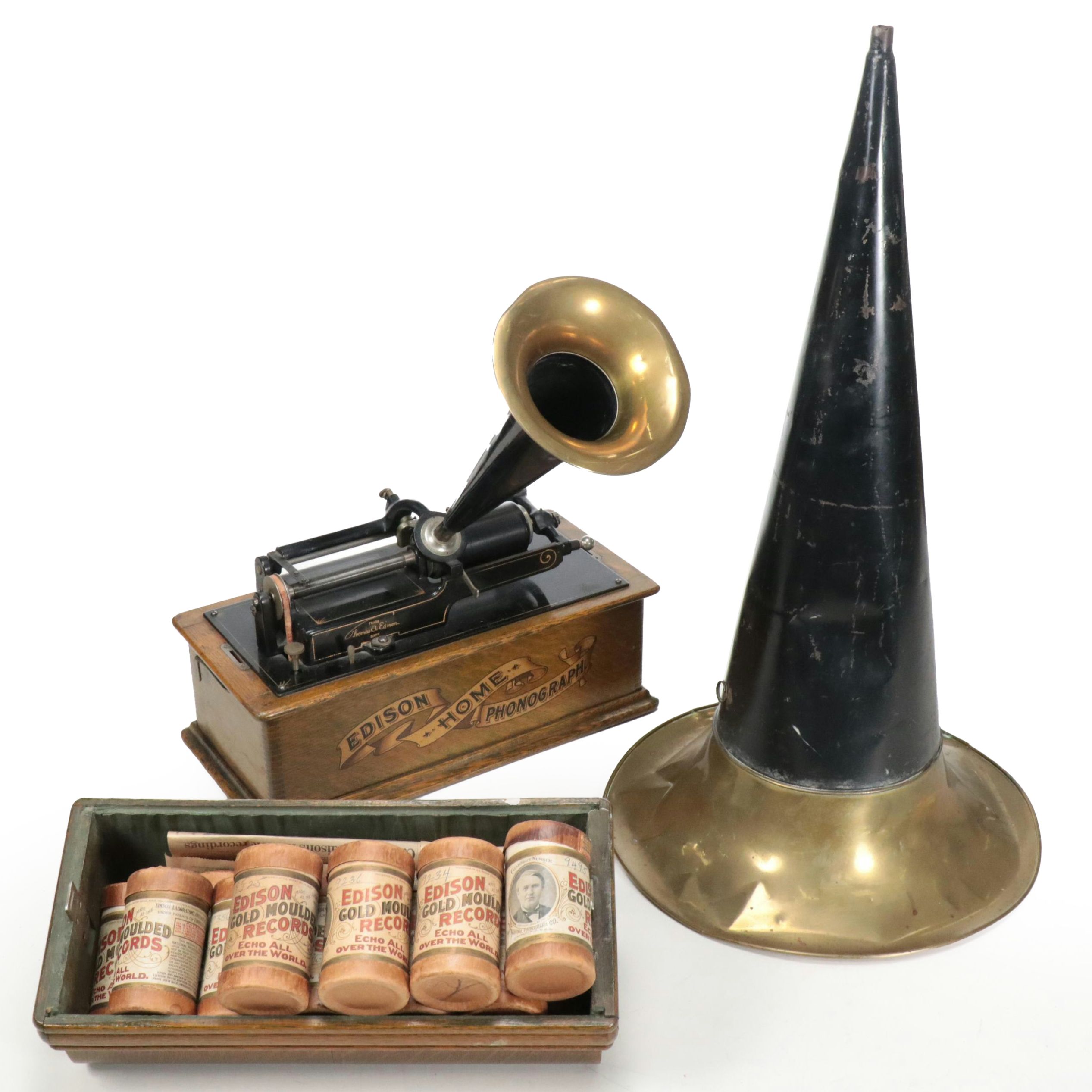 Edison Home Phonograph with Cylindrical Records and Sound Horns | EBTH