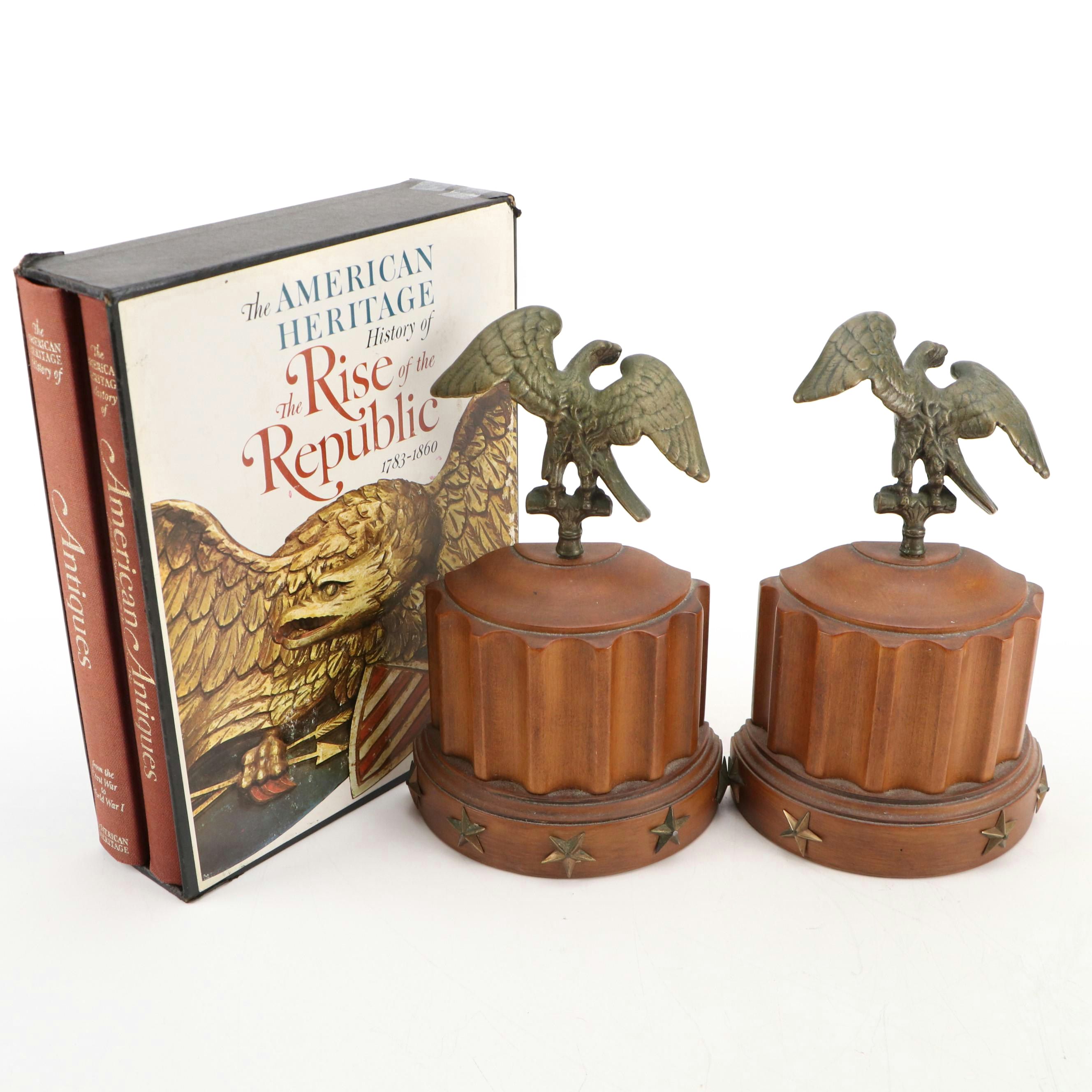 Brass Eagle Form Finial and Wood Bookends with "The American Heritage ...