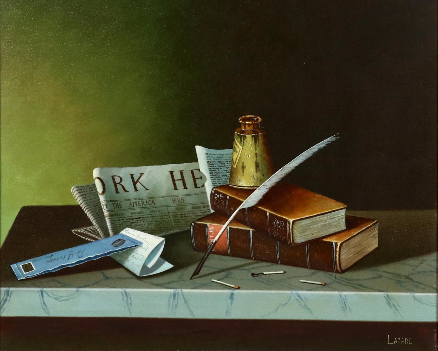 Still Life Oil Painting with Feather Quill and Ink, Late 20th Century ...