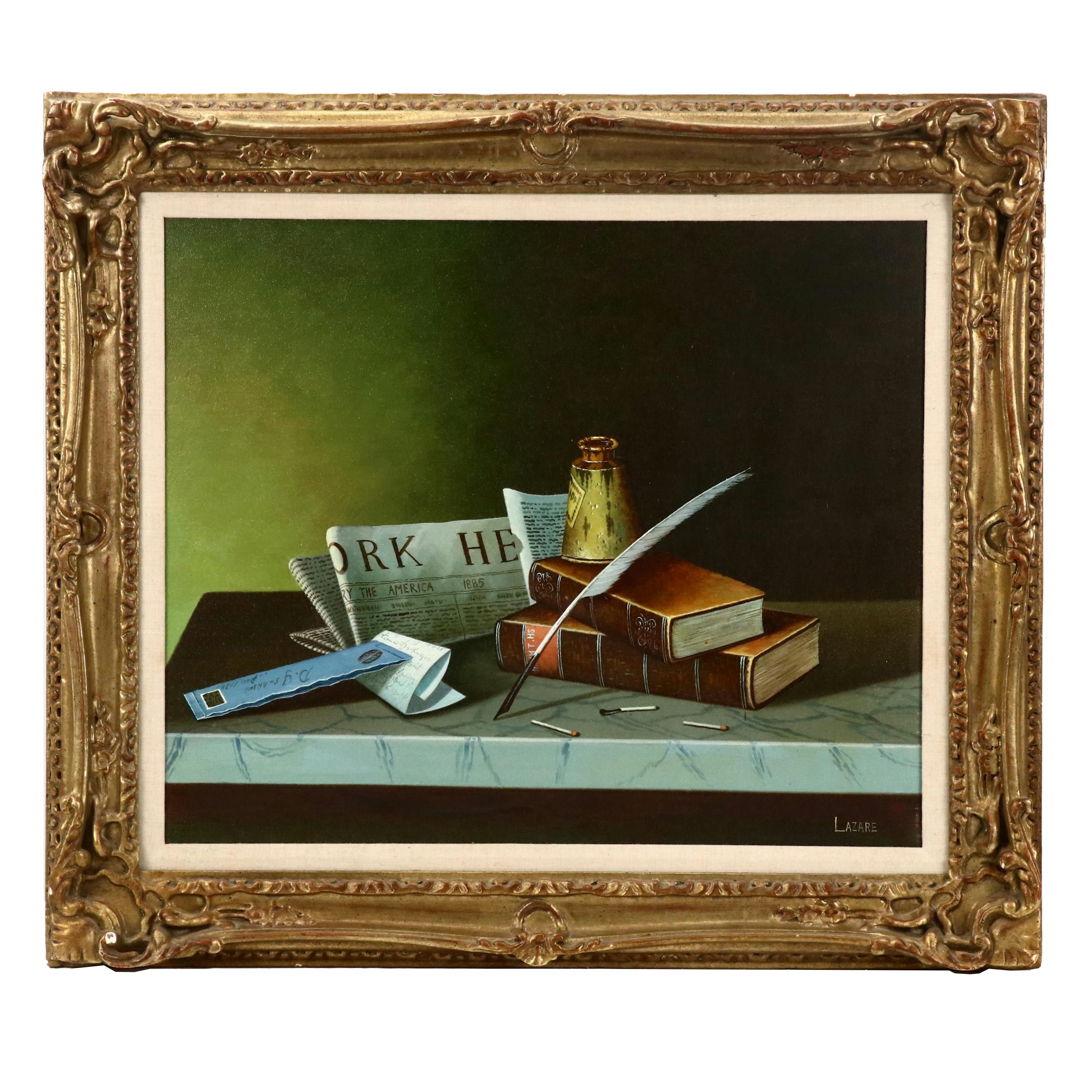 Still Life Oil Painting with Feather Quill and Ink, Late 20th Century ...