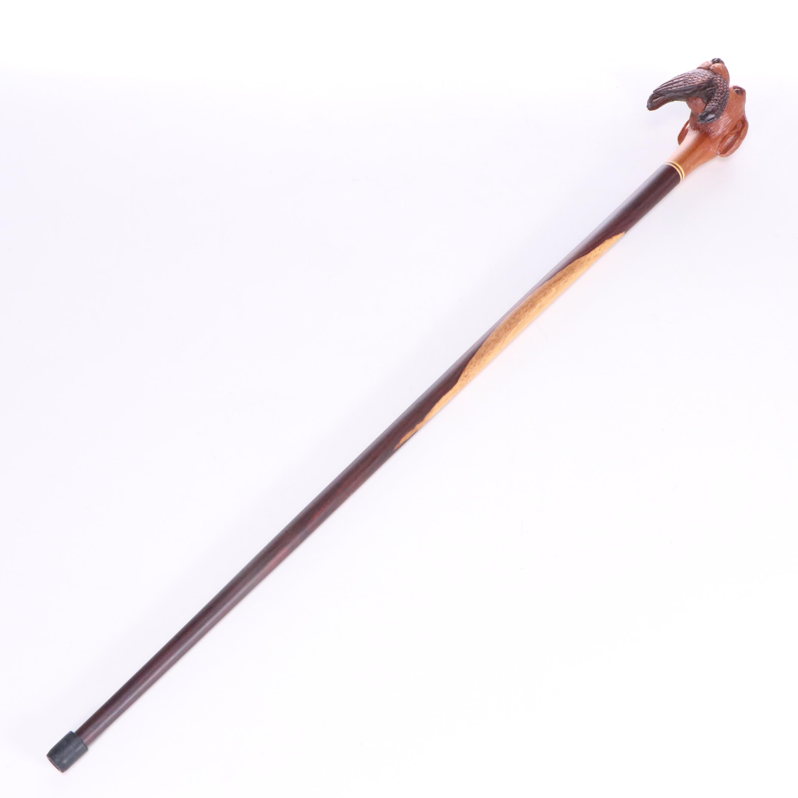 Carved Wood Dog and Bird Handle Cane | EBTH