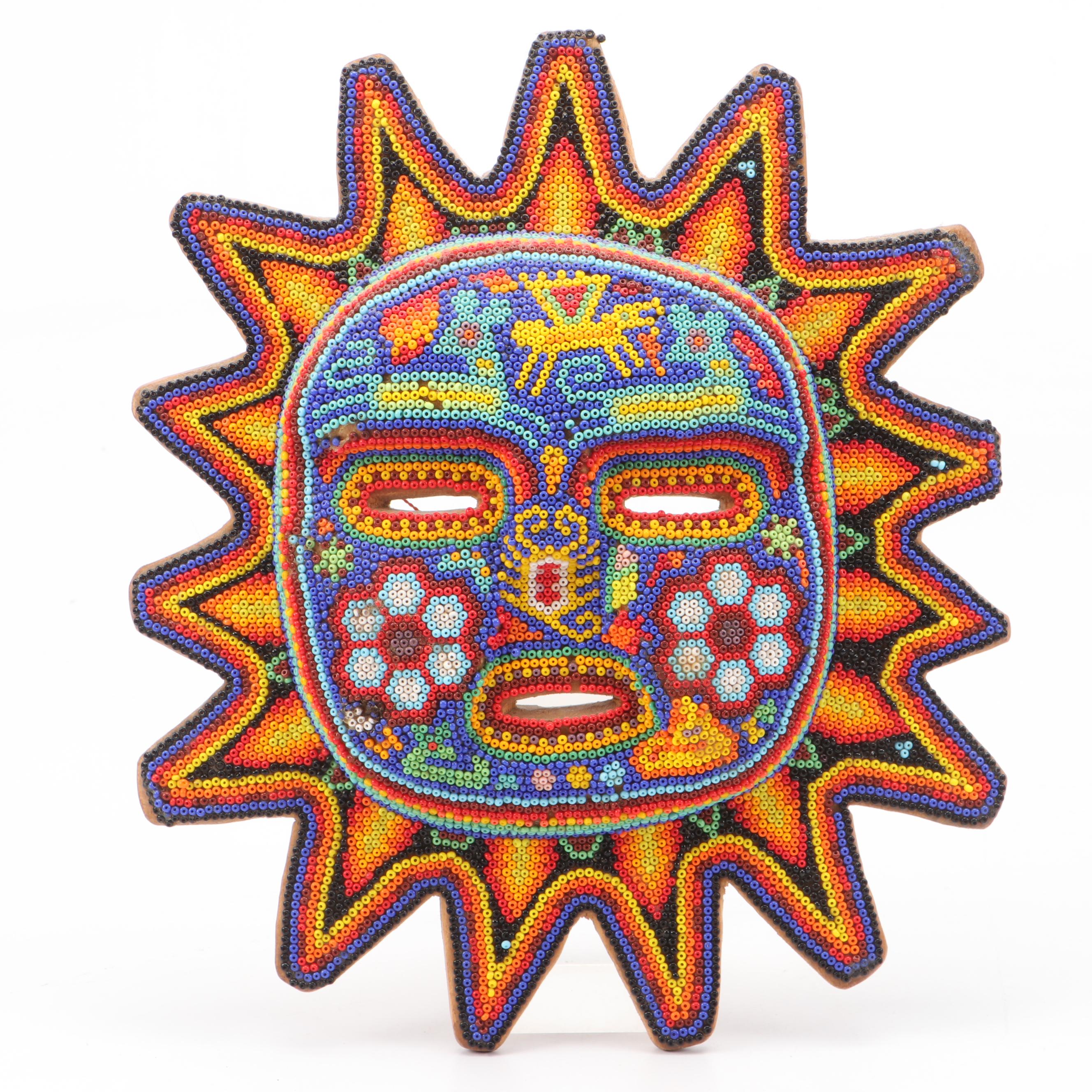 Huichol Mexican Folk Art Beaded Sun Mask and Beaded Terracotta Iguana ...