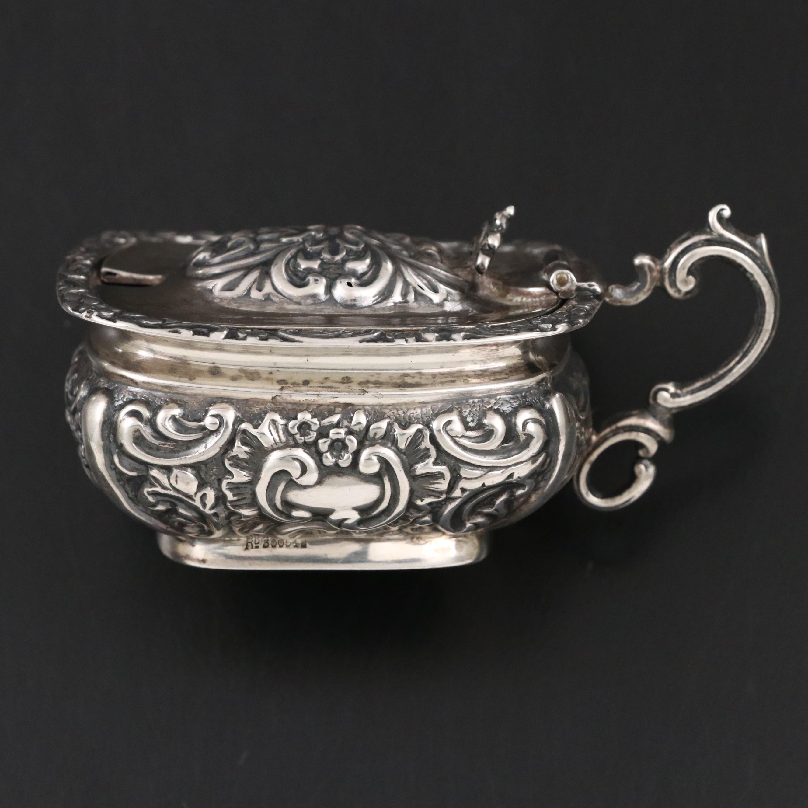 English Repoussé Sterling Silver and Cobalt Glass Salt or Mustard Pot ...
