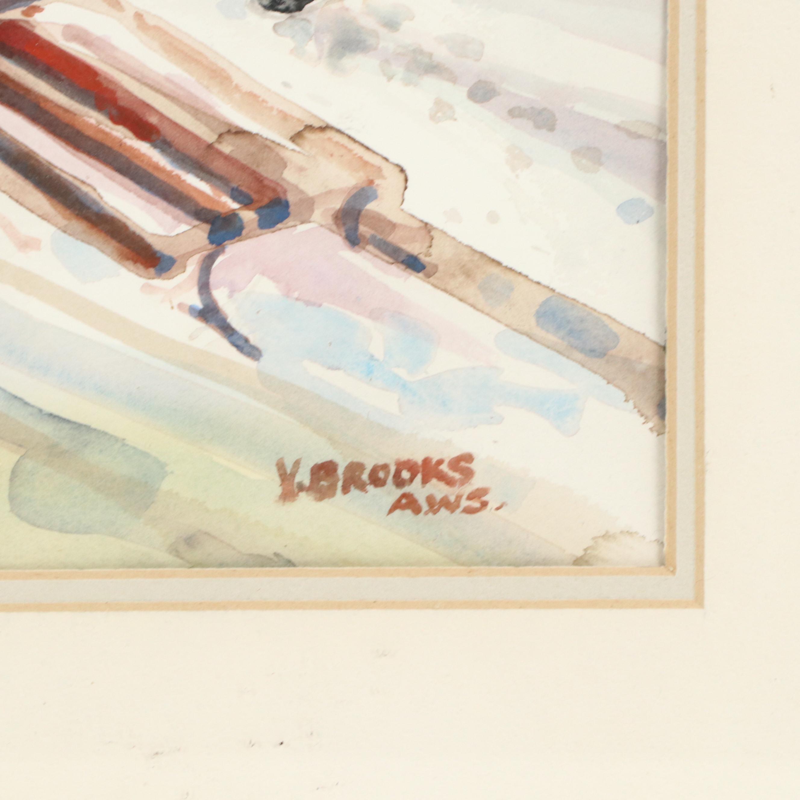 Virginia Brooks Watercolor Painting of Figures Sledding "After School ...