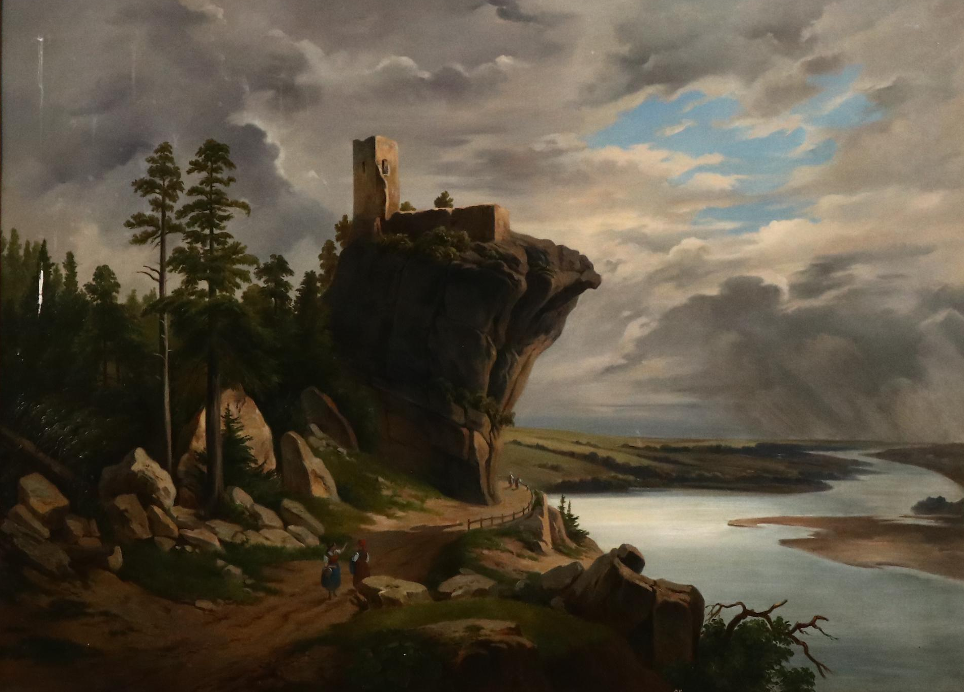 Scenic Oil Painting Attributed to Georg Geyer with Cliff Overlook, 19th ...
