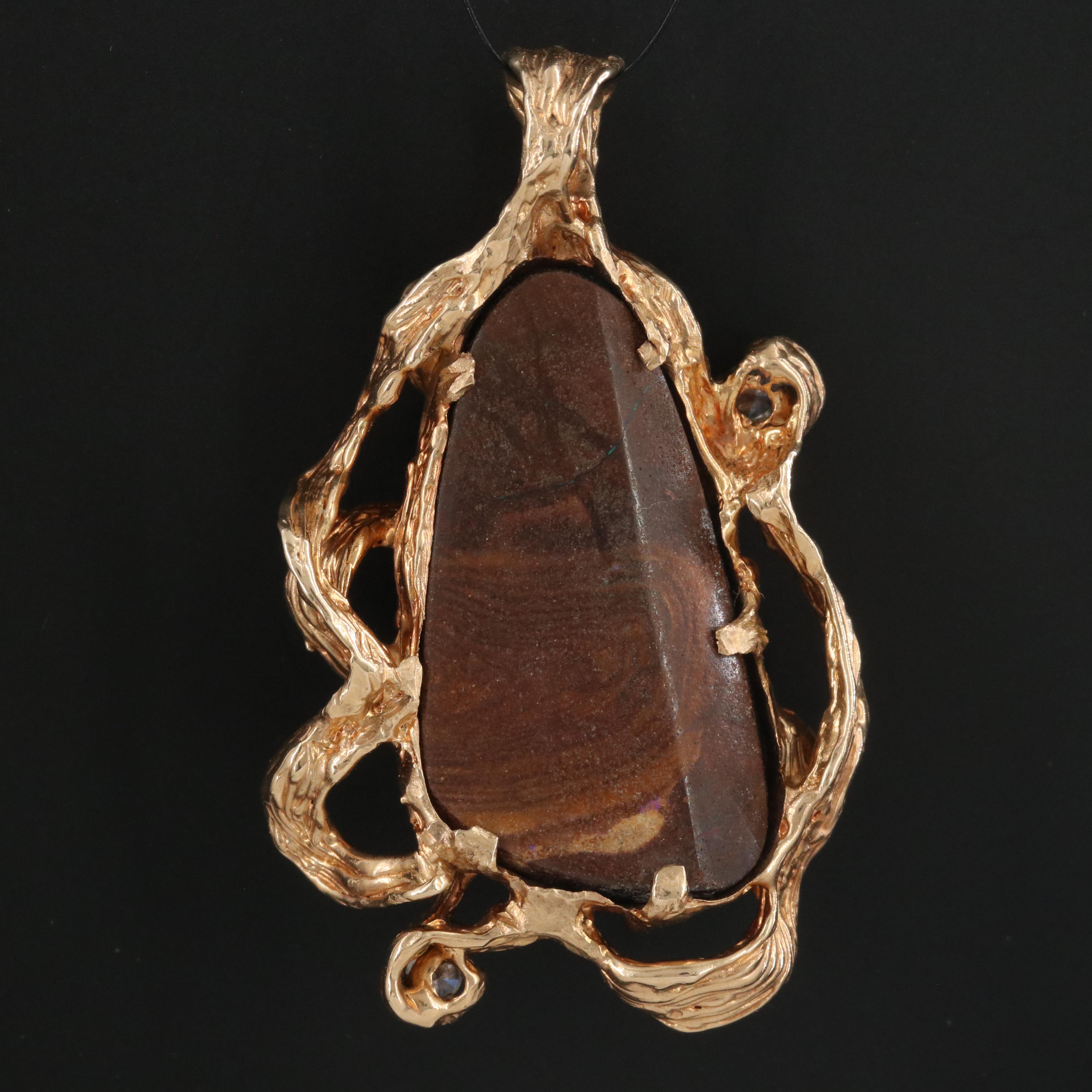 14K Boulder Opal and Diamond Pendant in a Bark Textured Setting | EBTH