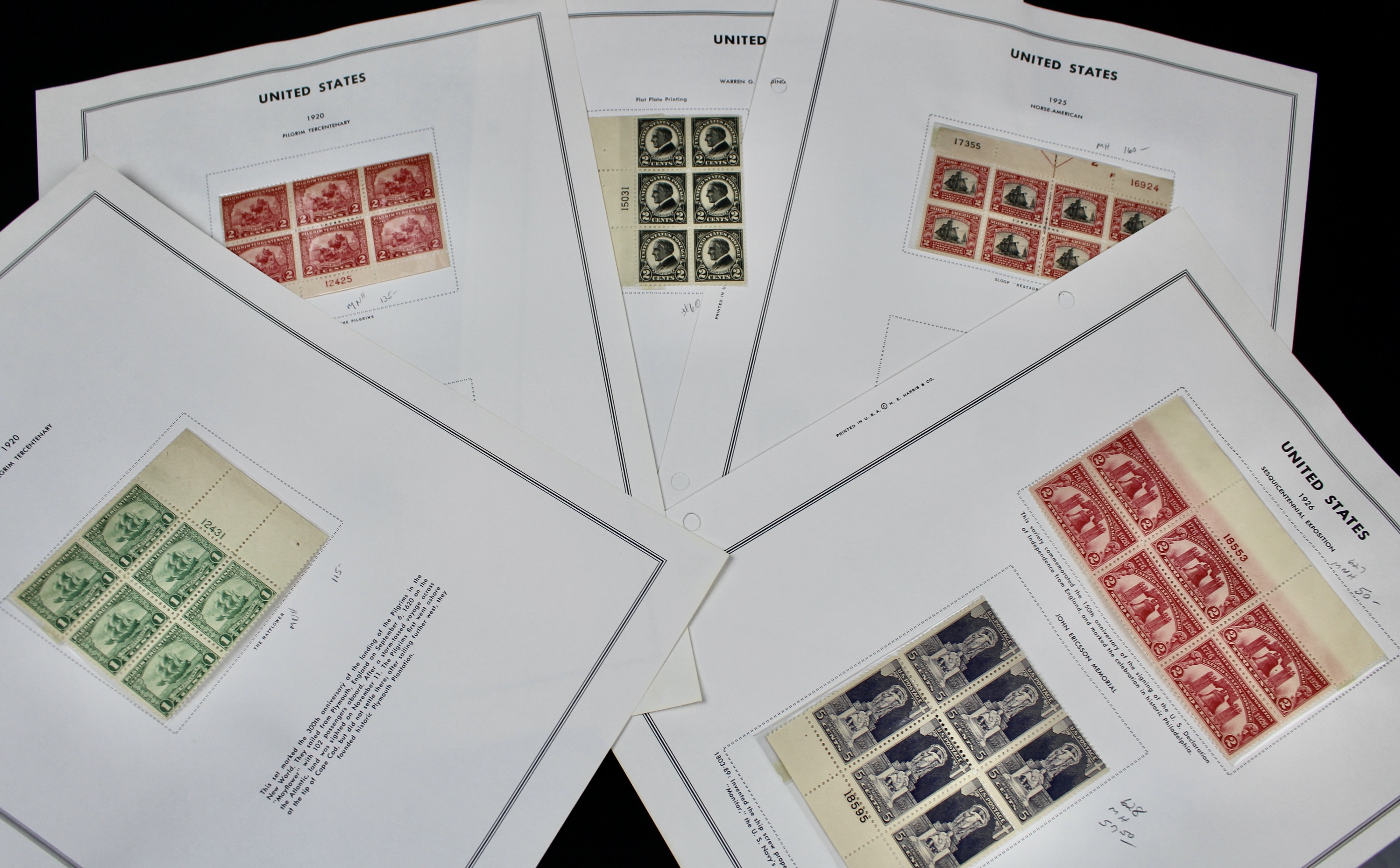 Six Mint Condition Early U.S. Postage Stamp Plate Blocks, 1920 to 1926 ...