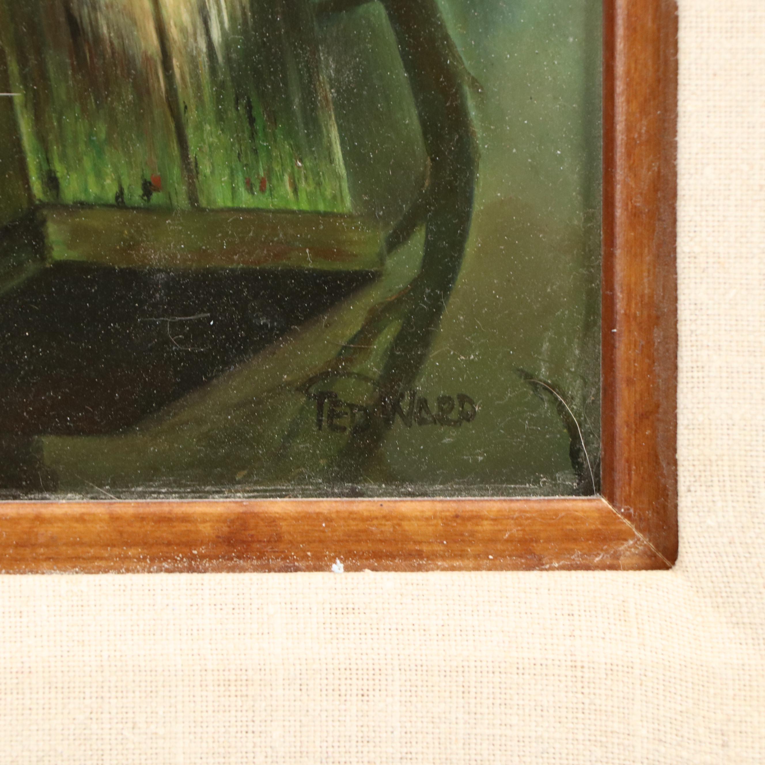 Ted Ward Oil Painting of Cat Investigating Birdhouse | EBTH