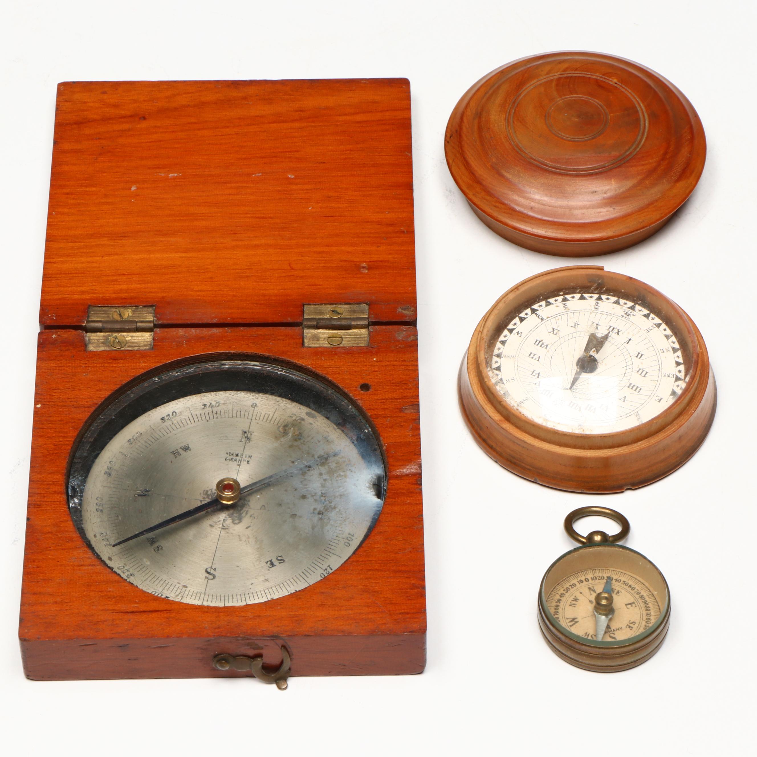 Luke Kent & Co. Pocket Sundial, French Mahogany Cased Compass, and ...