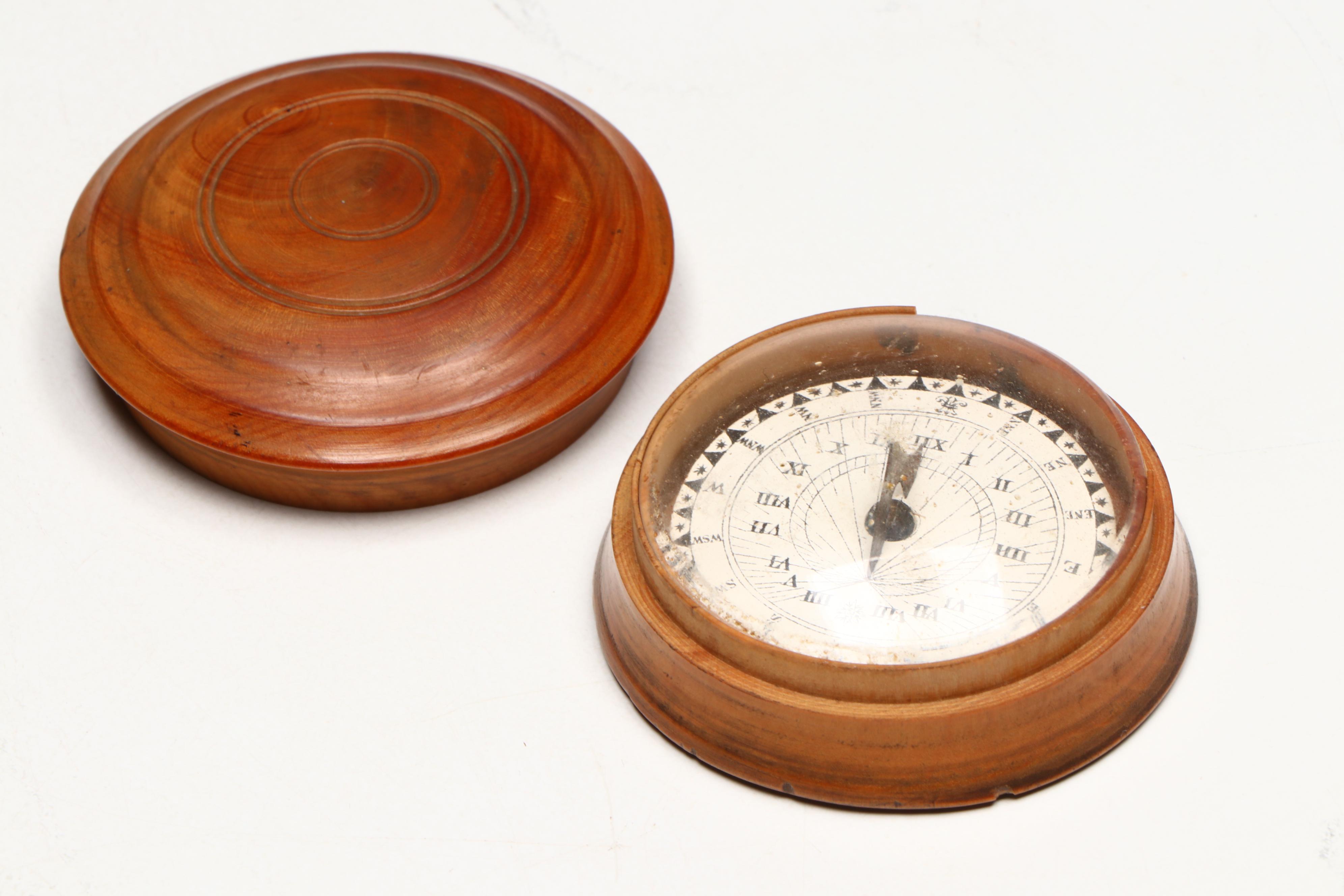 Luke Kent & Co. Pocket Sundial, French Mahogany Cased Compass, and ...