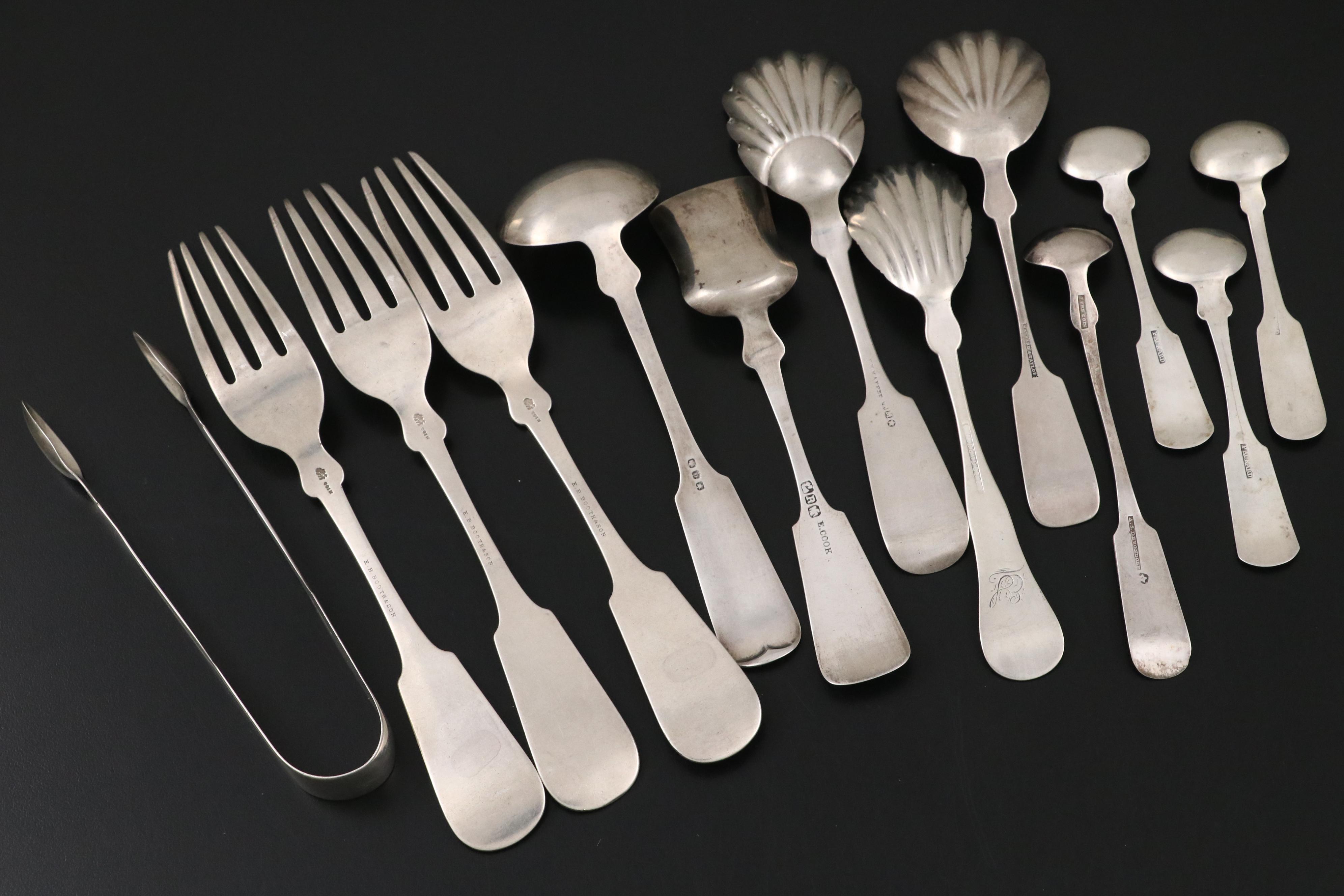 American Fiddle Handle Coin Silver Flatware Collection, Mid-19th ...
