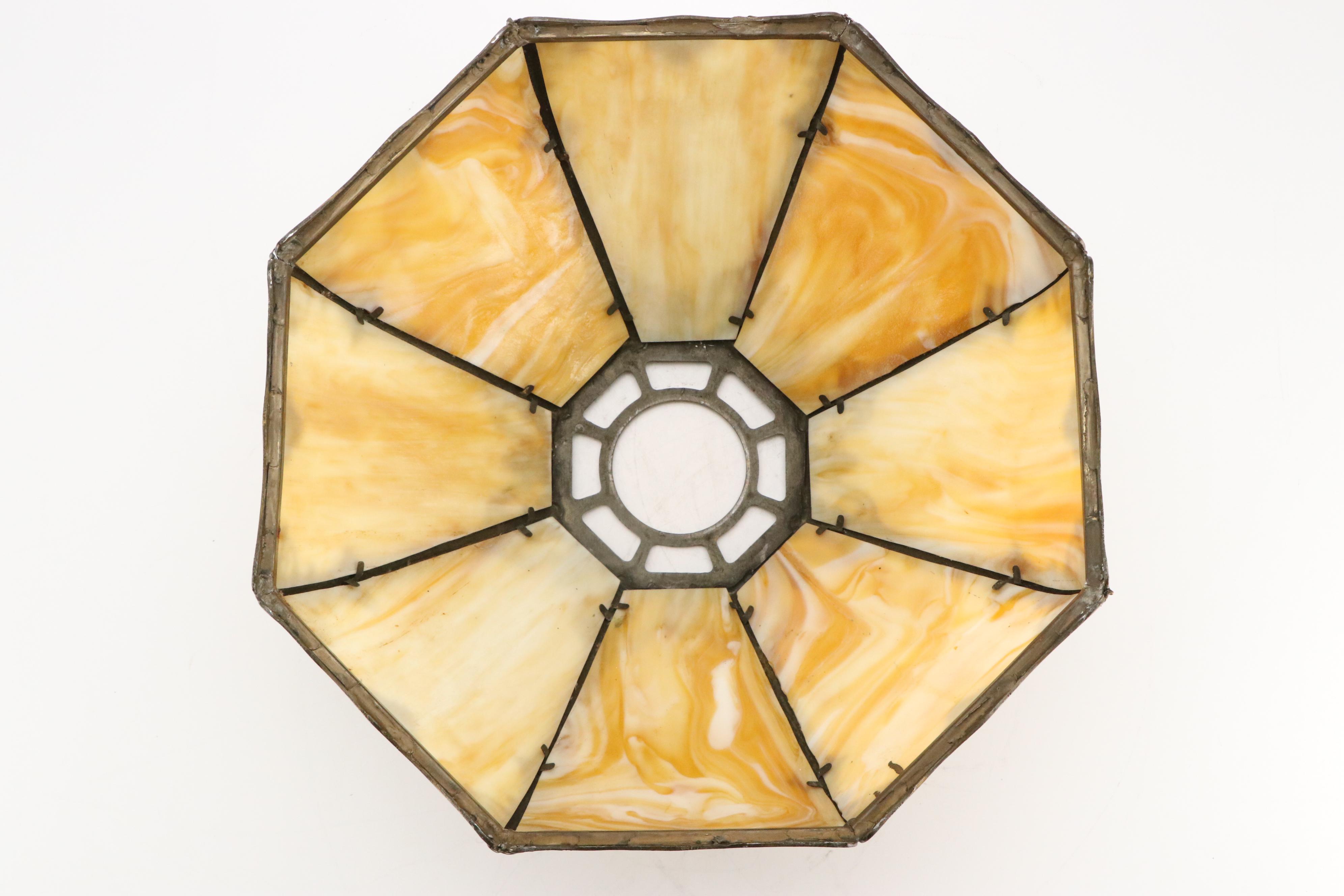 Art Nouveau Style Brass Finish Table Lamp with Bent Panel Slag Glass ...