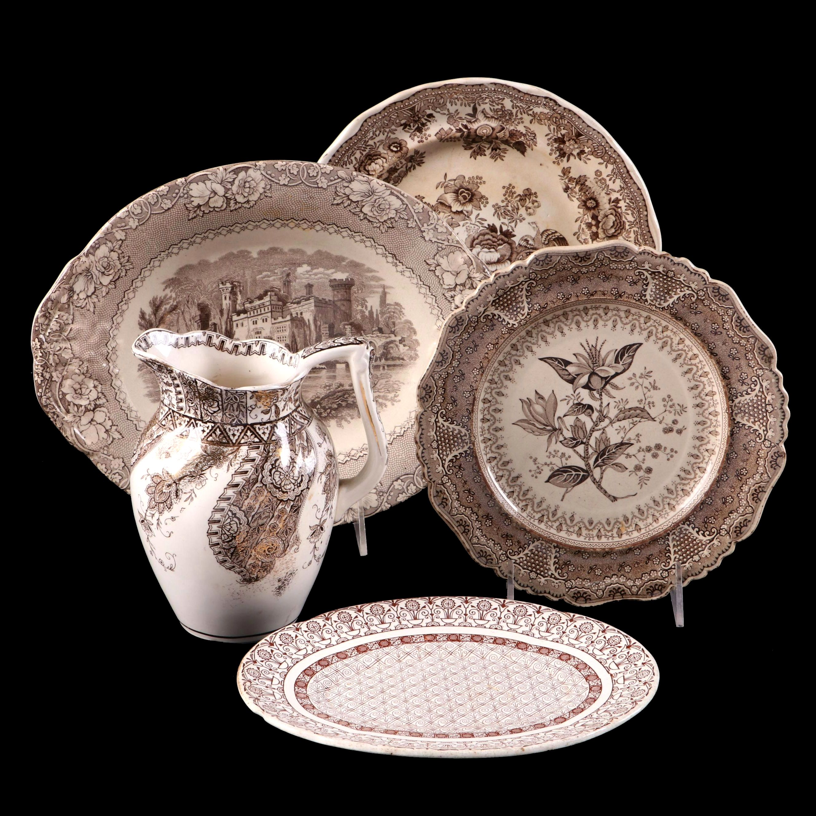 C.P. & Co Plate with Furnival Creamer and Other Brown Transferware ...