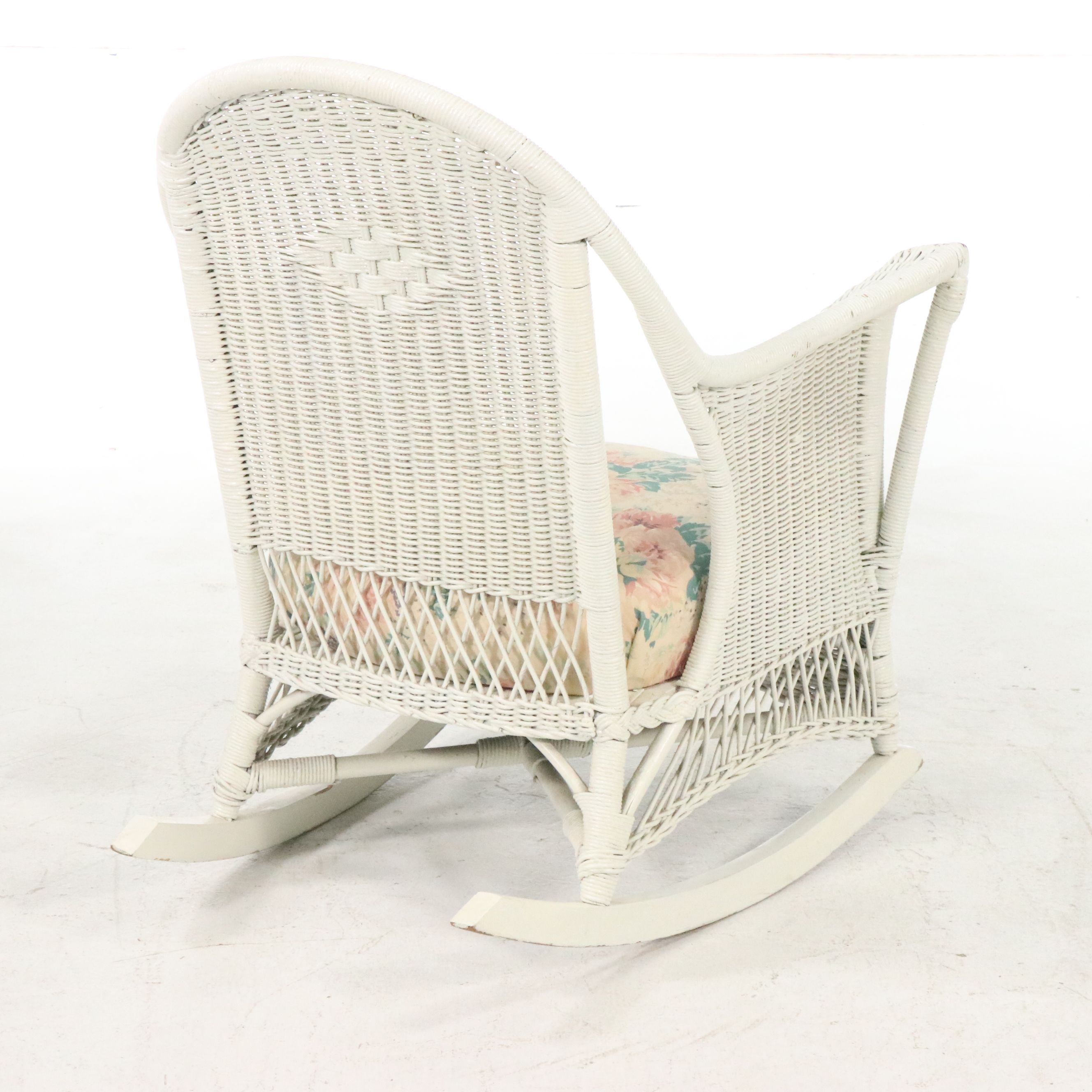 White-Painted Rattan Rocking Chair and Plant Stand | EBTH
