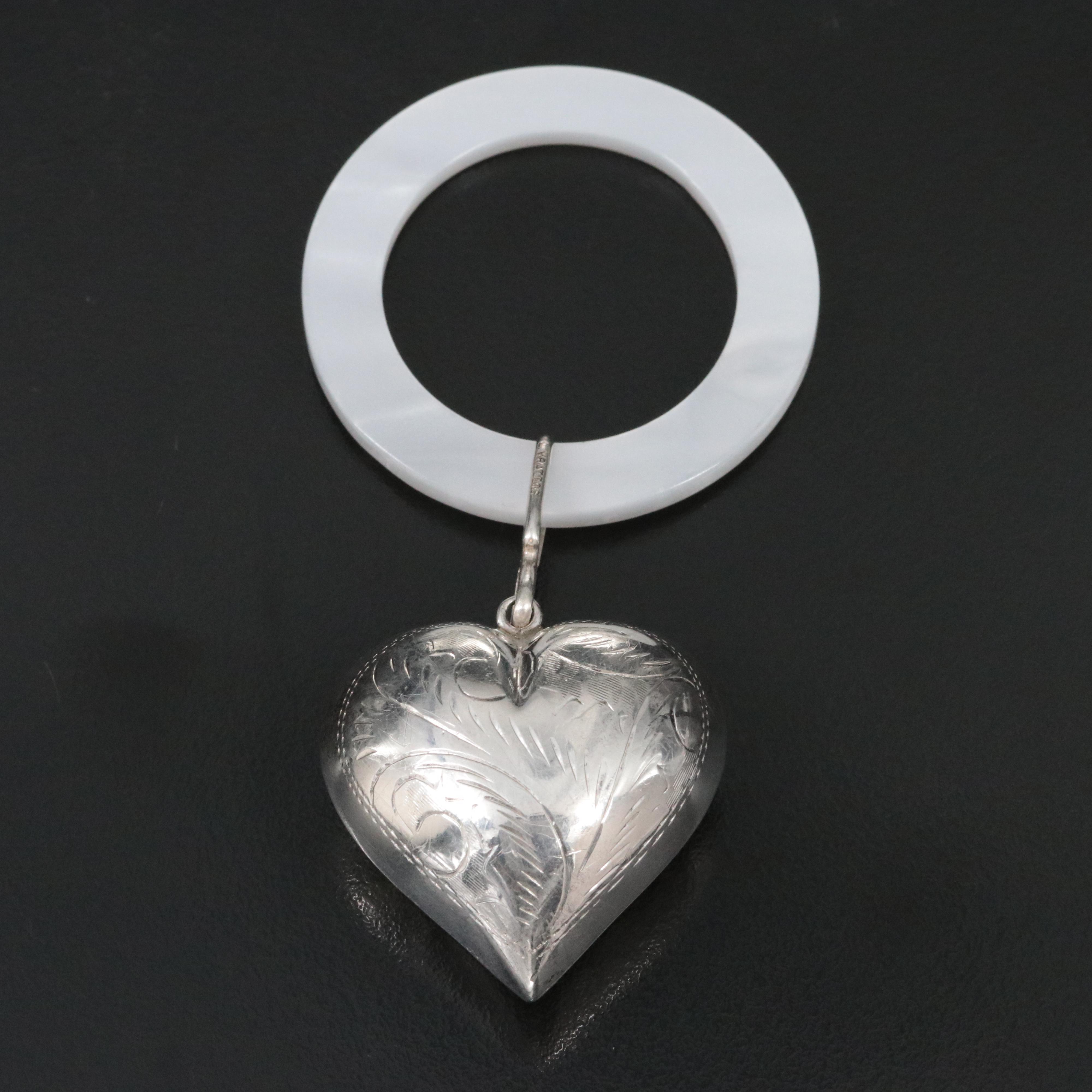 Sterling Puff Heart Baby Rattle and Resin Teething Ring, Vintage | EBTH