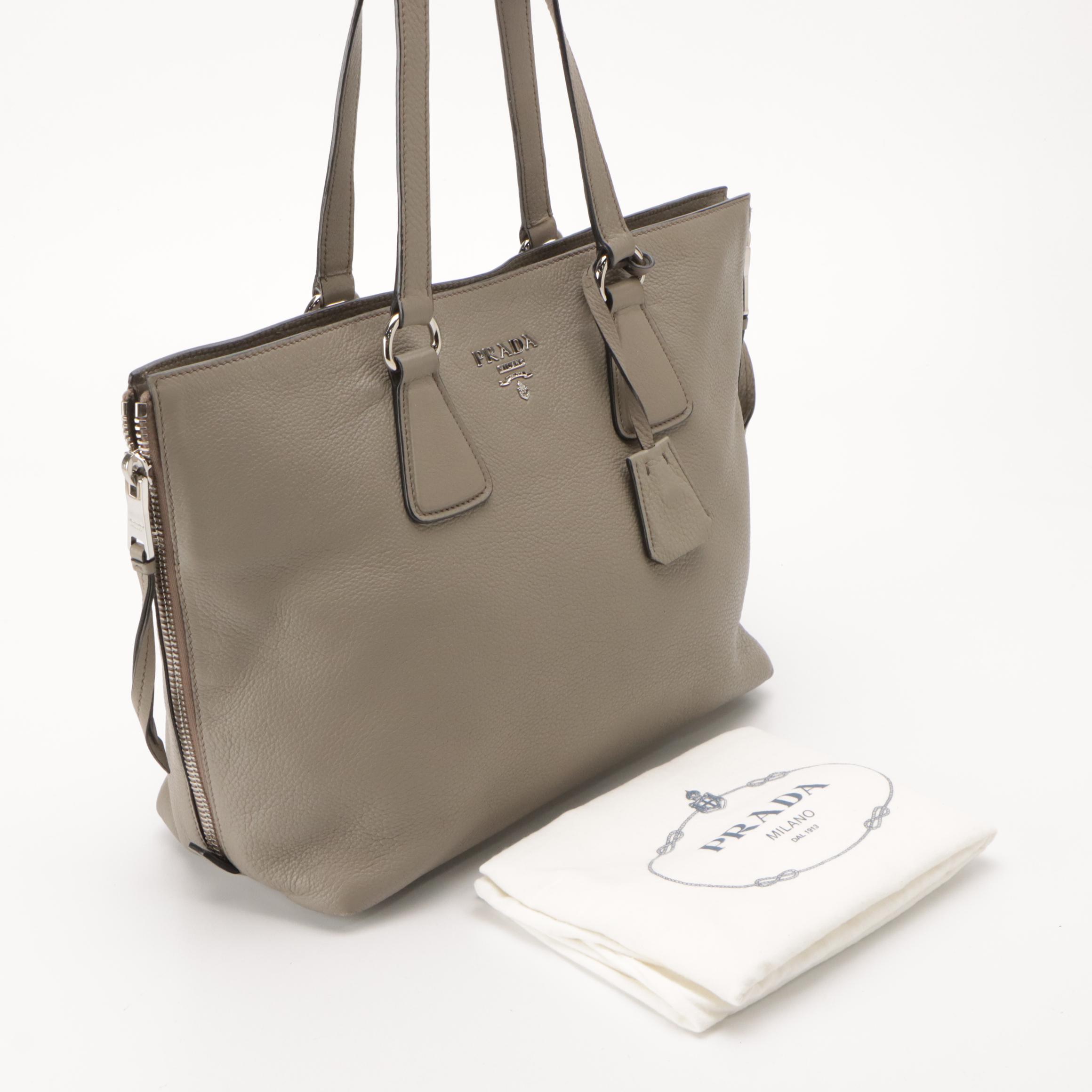 Prada Side-Zip Shoulder Bag in Pebble Grey Grained Leather | EBTH