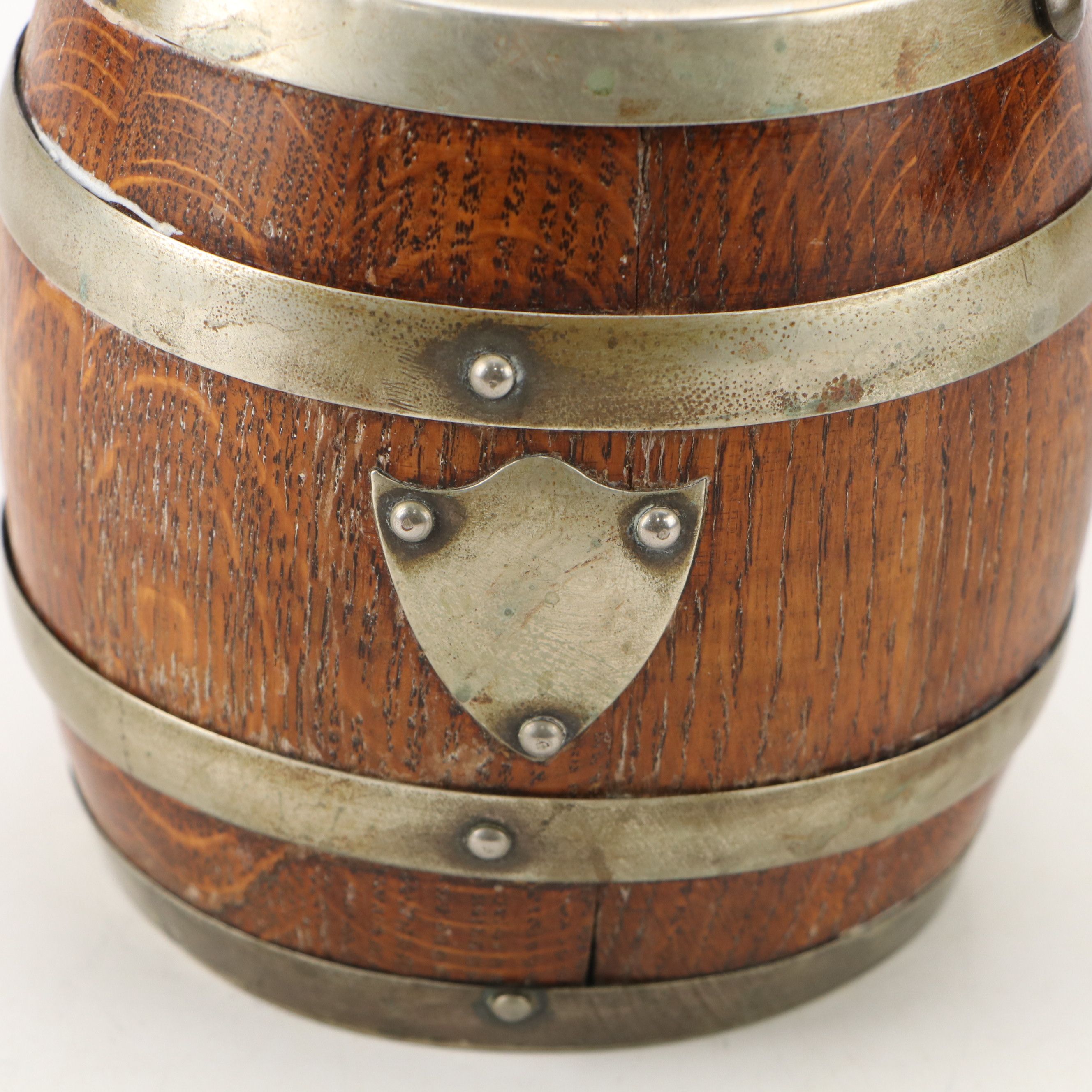 English Victorian Oak Stave and Silver Plate Biscuit Barrel | EBTH