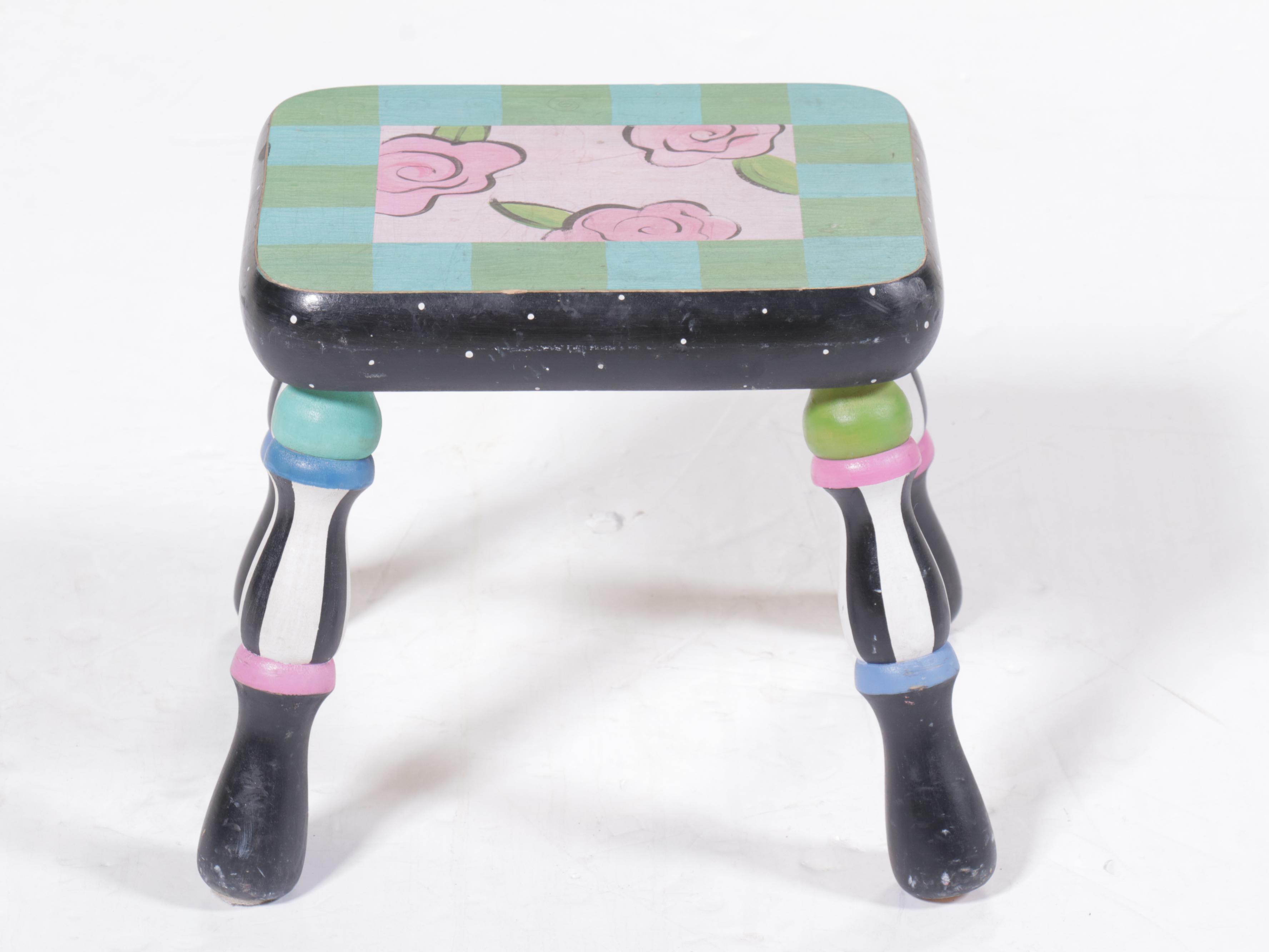 Handmade Paint-Decorated Wood Footstool | EBTH