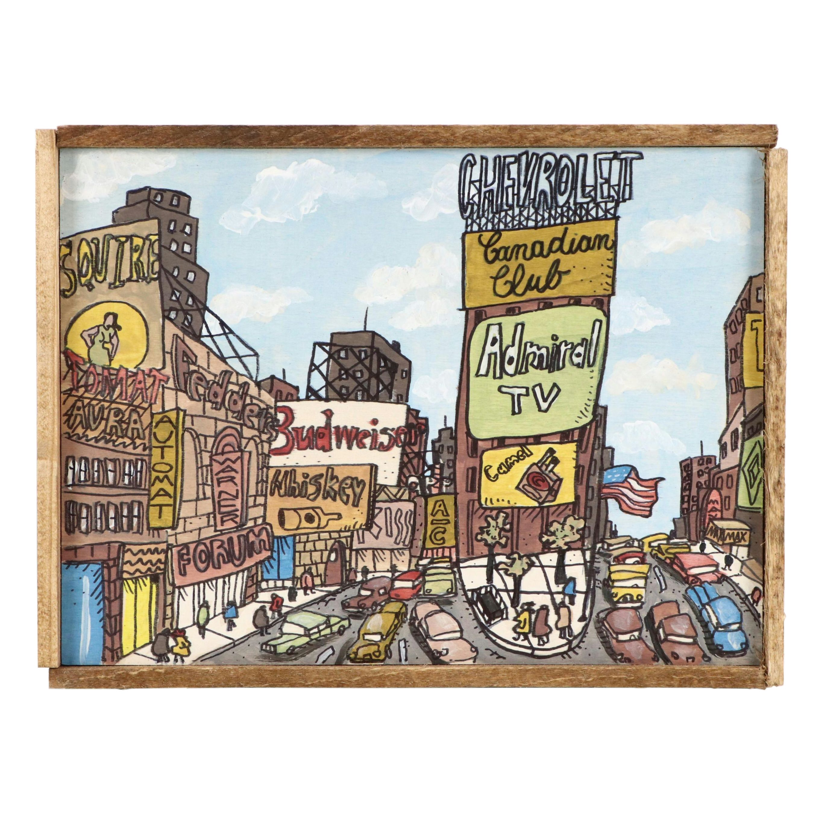 Aaron Wooten Stylized Cityscape Acrylic Painting "Times Square 1965" | EBTH