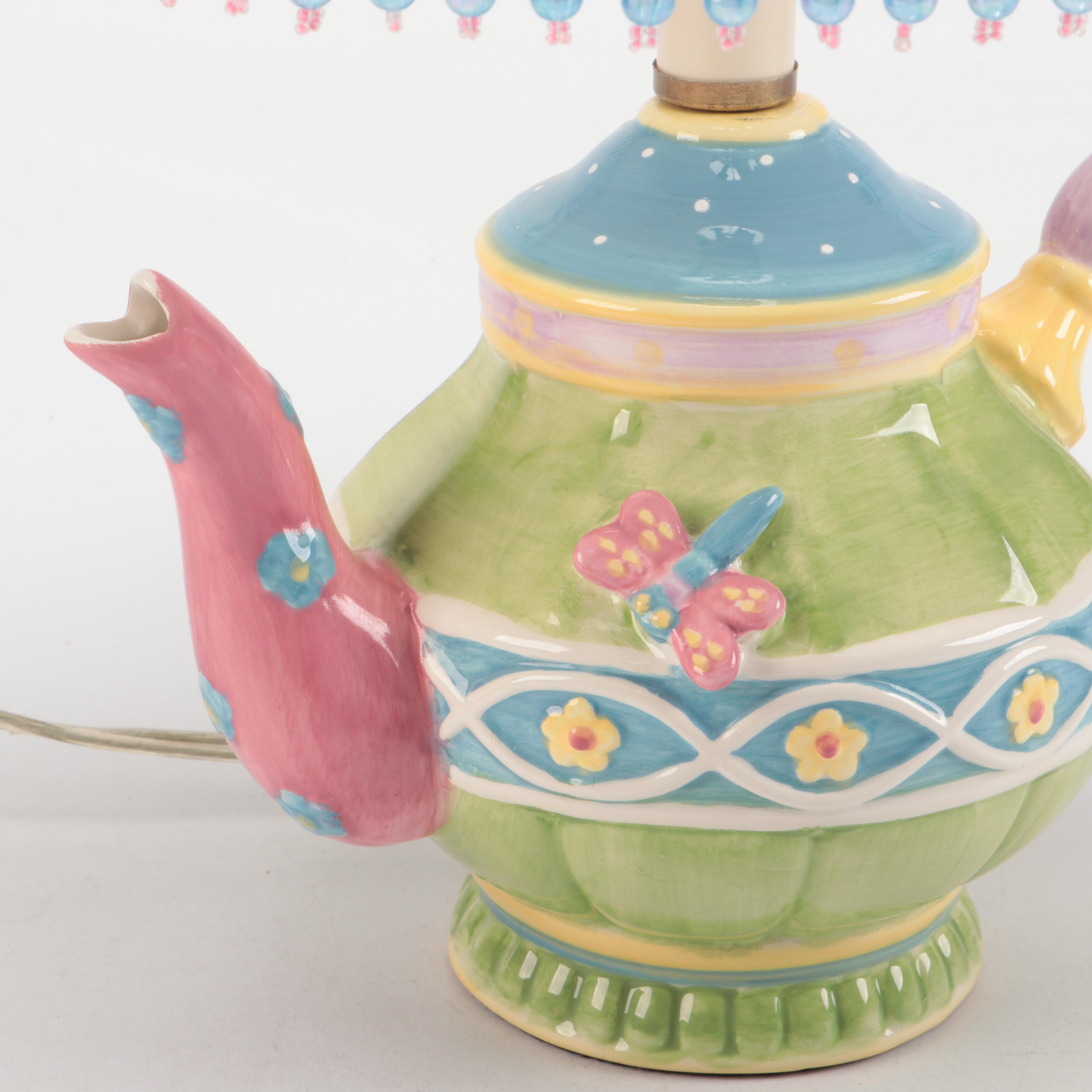 Whimsical Pastel Teapot Table Lamp with Beaded Silk Shade, Late 20th ...