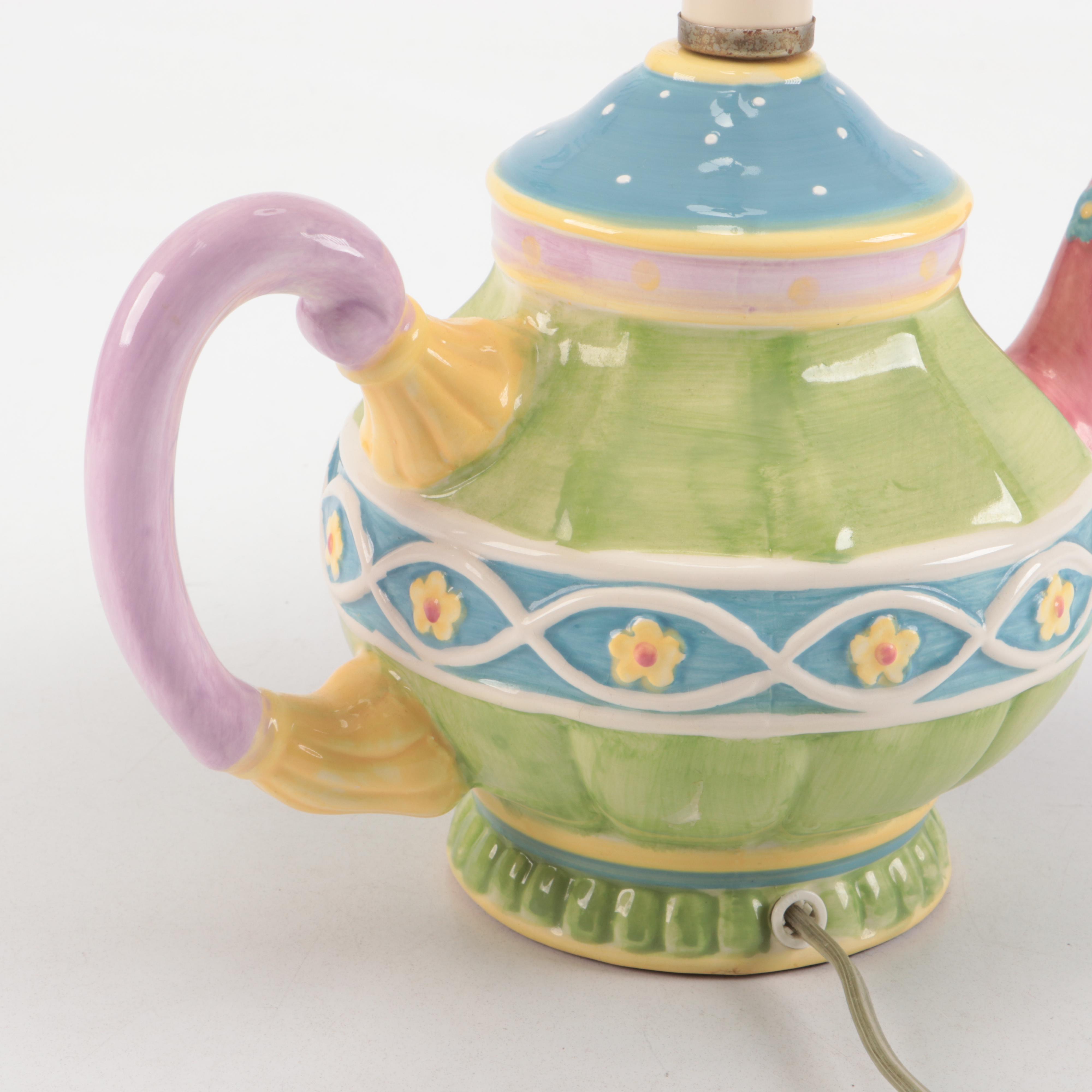 Whimsical Pastel Teapot Table Lamp with Beaded Silk Shade, Late 20th ...