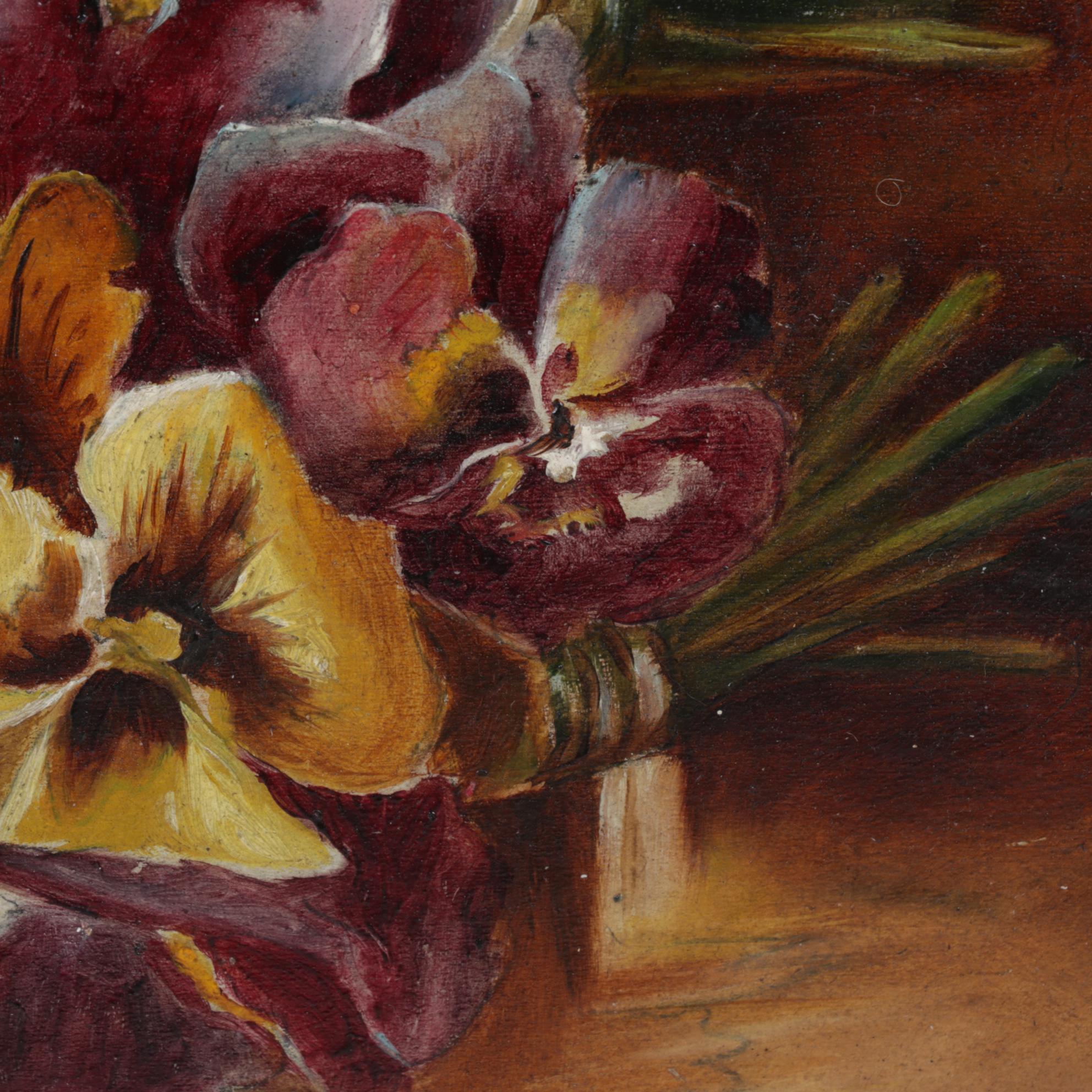 Tonal Still Life of Plum and Golden Pansies Oil Painting, 1885 | EBTH