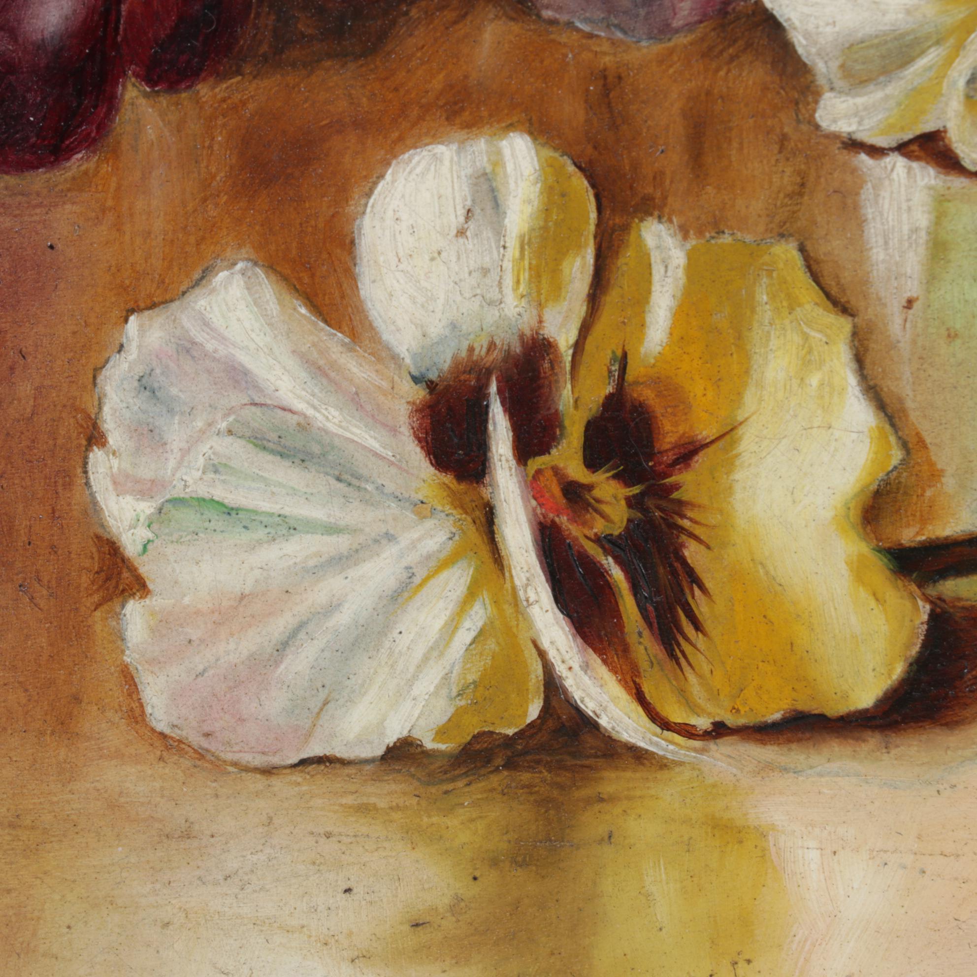 Tonal Still Life of Plum and Golden Pansies Oil Painting, 1885 | EBTH