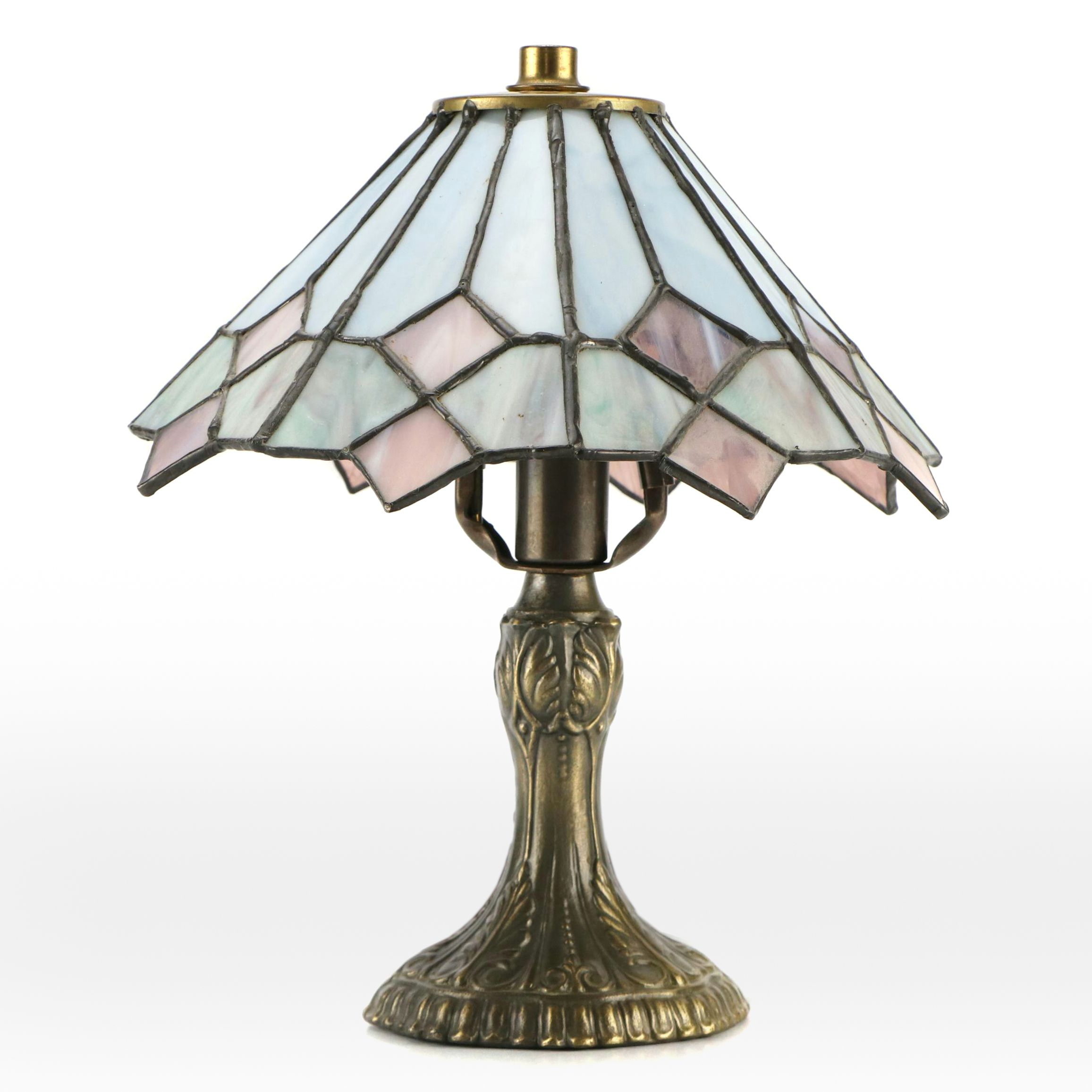 Tiffan-Mini Cast Metal Accent Lamp with Slag Glass Shade, 21st C | EBTH