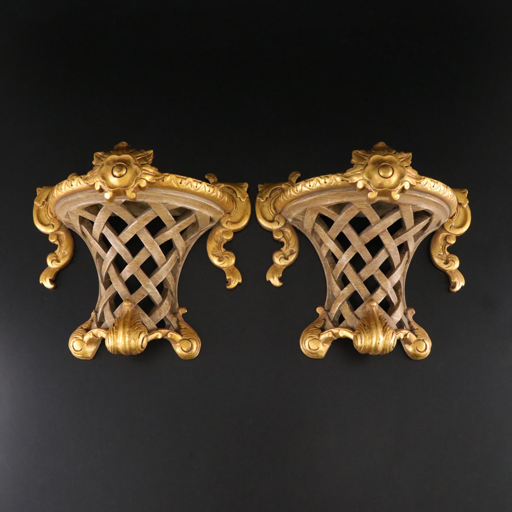 Hollywood Regency Gilt Lattice Wall Shelves | EBTH