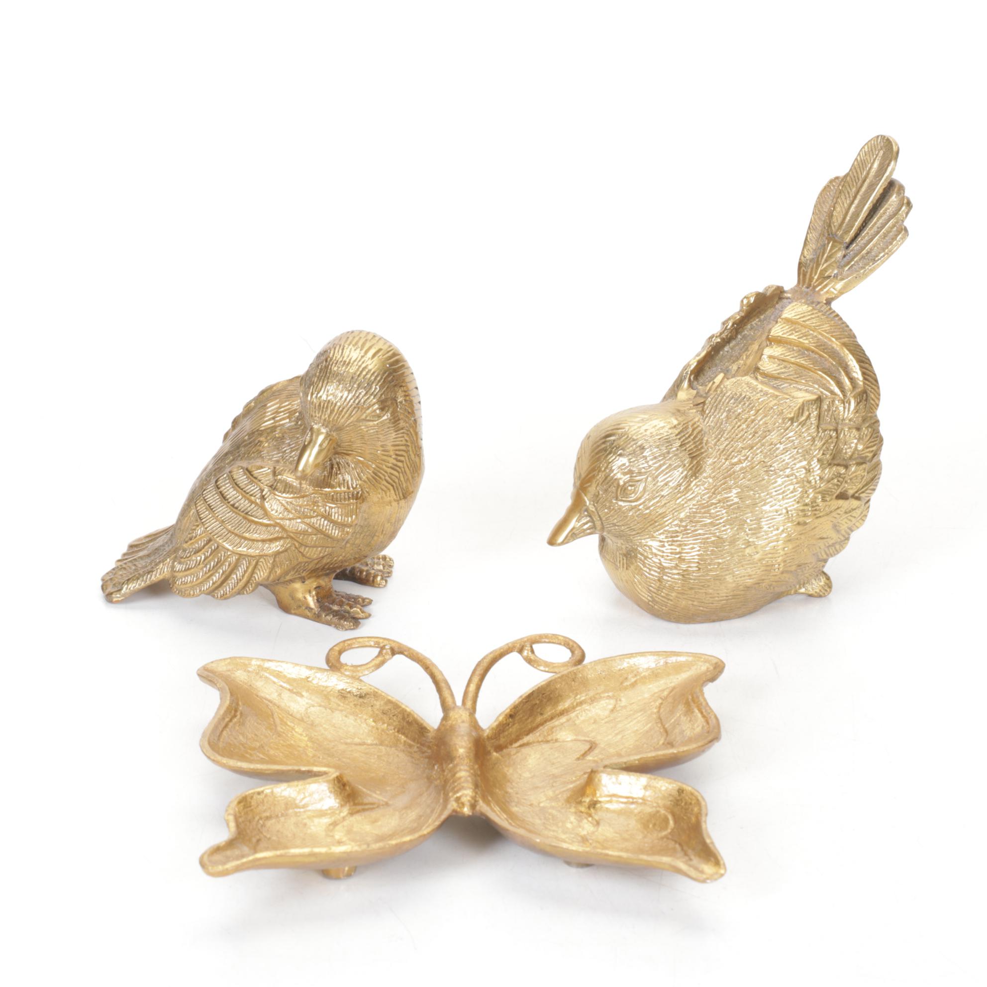 Solid Brass Bird Paperweights with Butterfly Pin Dish | EBTH