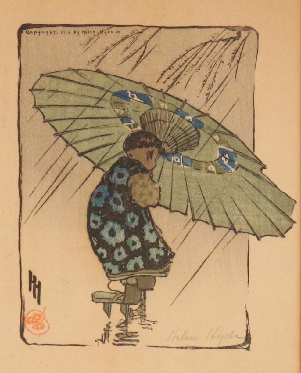 Helen Hyde Japonisme Style Woodblock "Family Umbrella," 1915 | EBTH