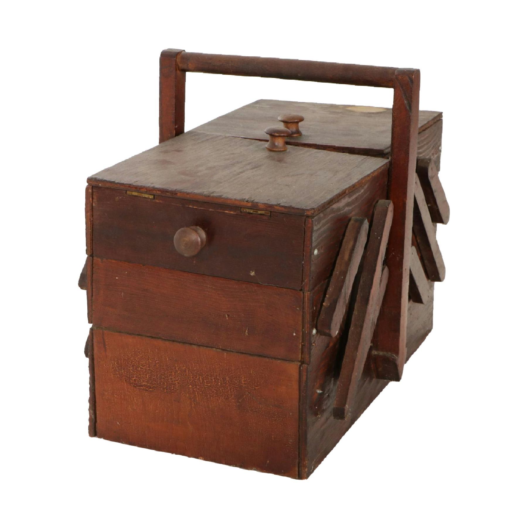 Vintage Three-Tier Pine Wood Fold-Out Sewing Box, Mid-20th Century | EBTH