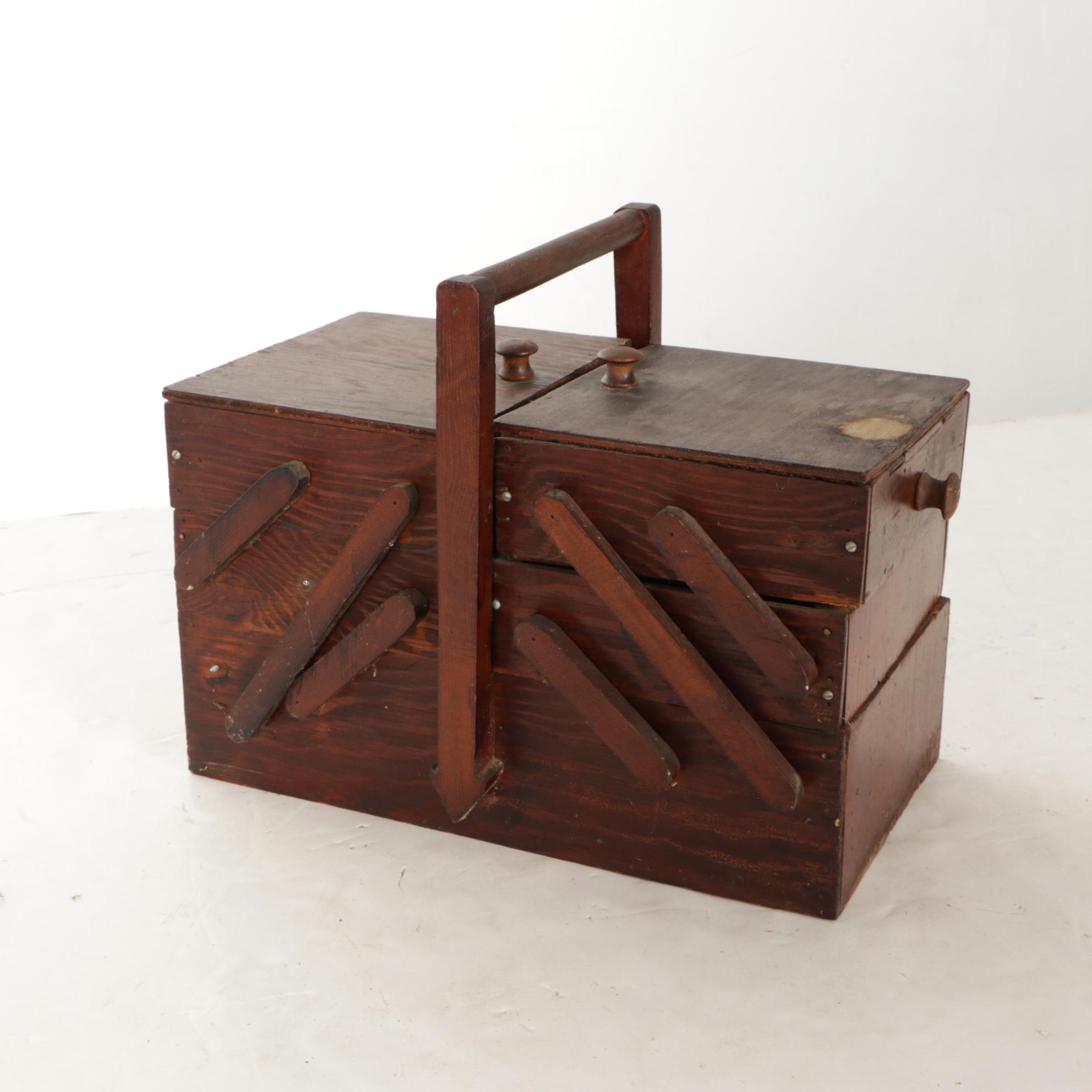 Vintage Three-Tier Pine Wood Fold-Out Sewing Box, Mid-20th Century | EBTH