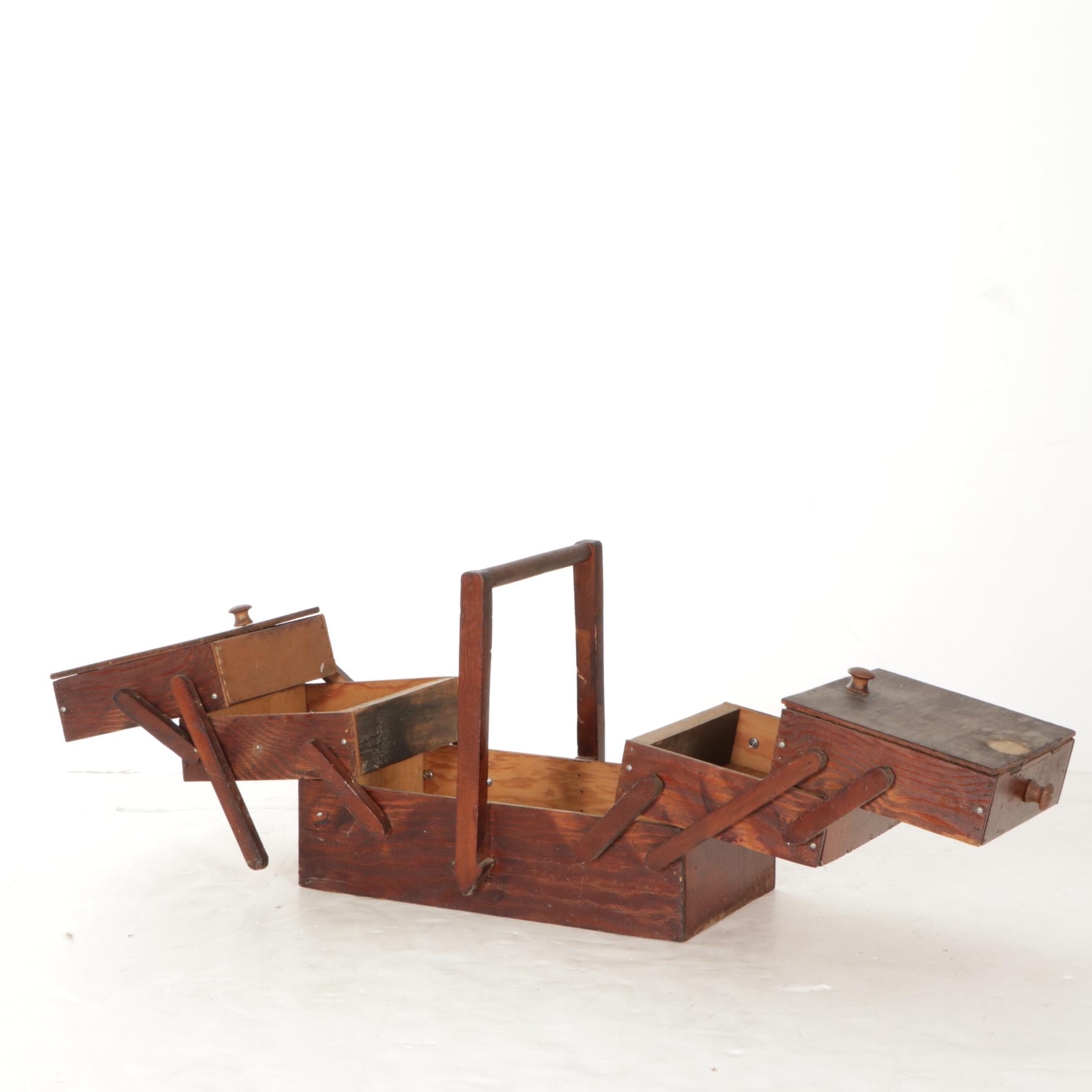 Vintage Three-Tier Pine Wood Fold-Out Sewing Box, Mid-20th Century | EBTH