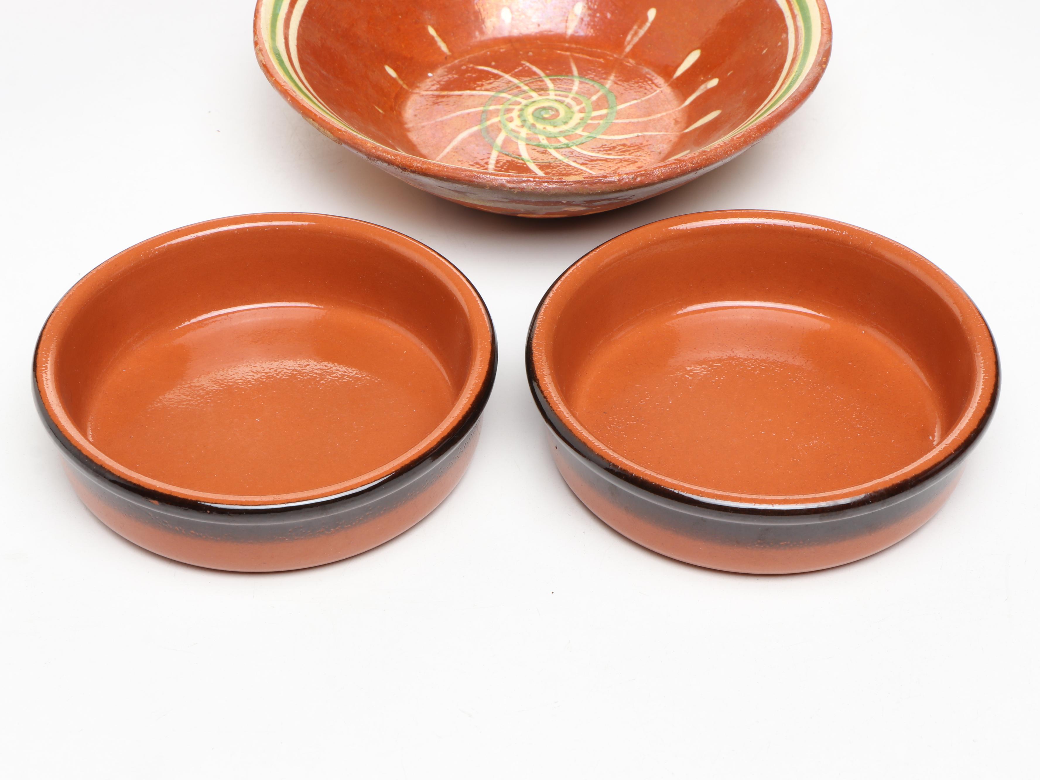 Mexican Redware Bowls and Condiment Cups with Signed Stoneware Flower ...