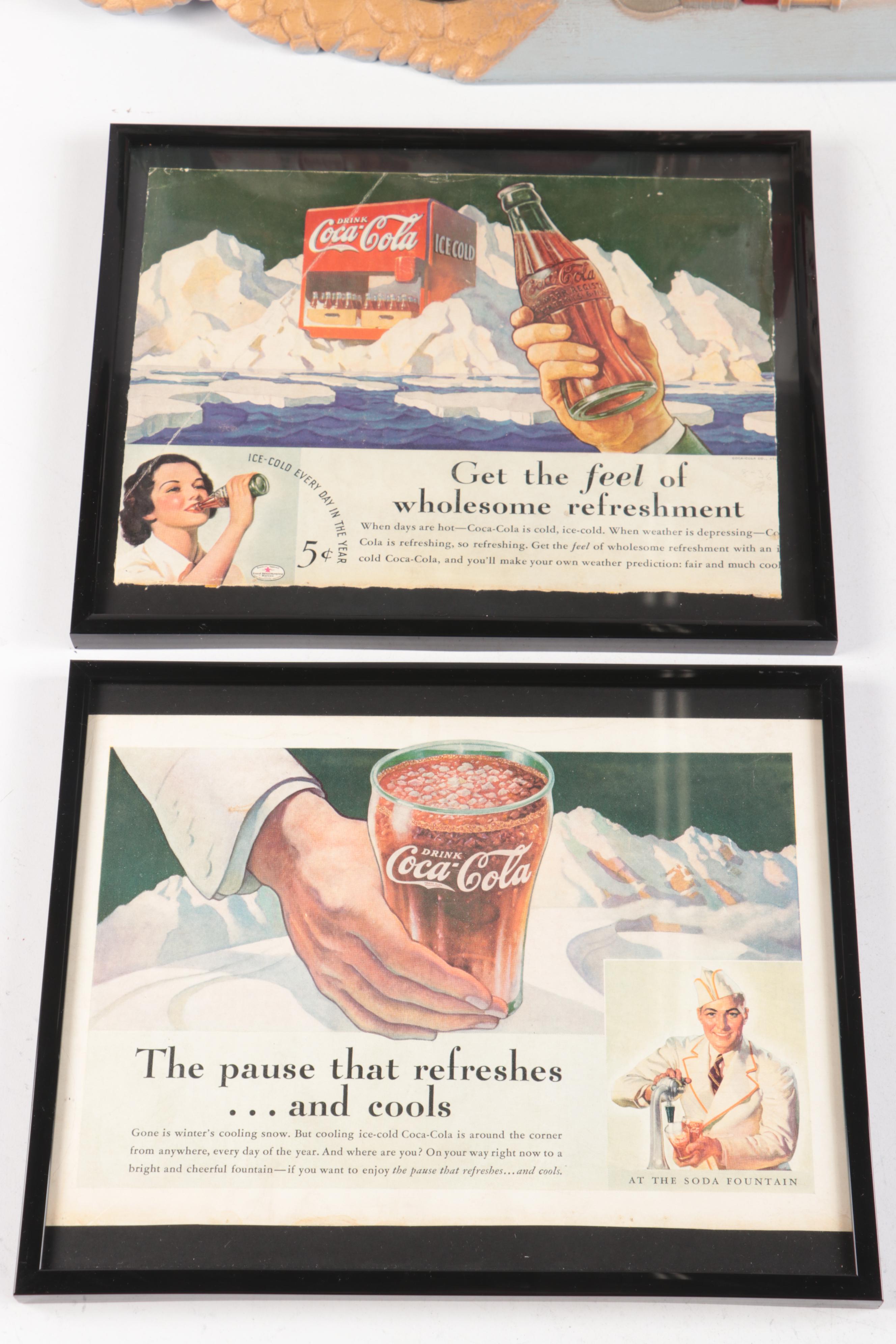 Framed Coco-Cola Advertisements and Clock with Other Coke-Cola ...