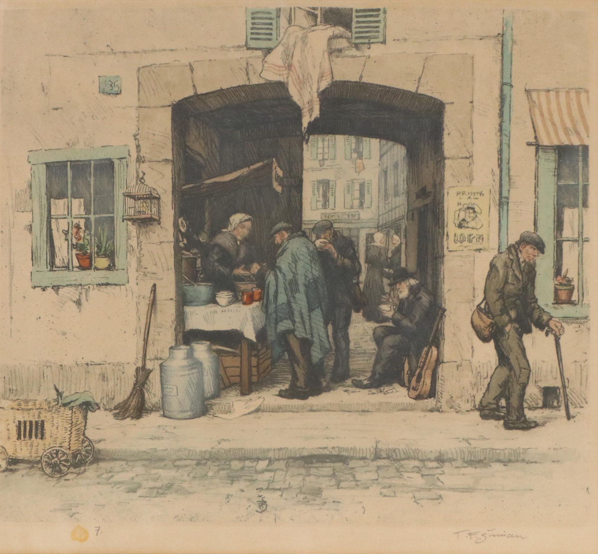 T.F. Simon Color Etching with Aquatint "Latin Quarter, Paris," Early ...