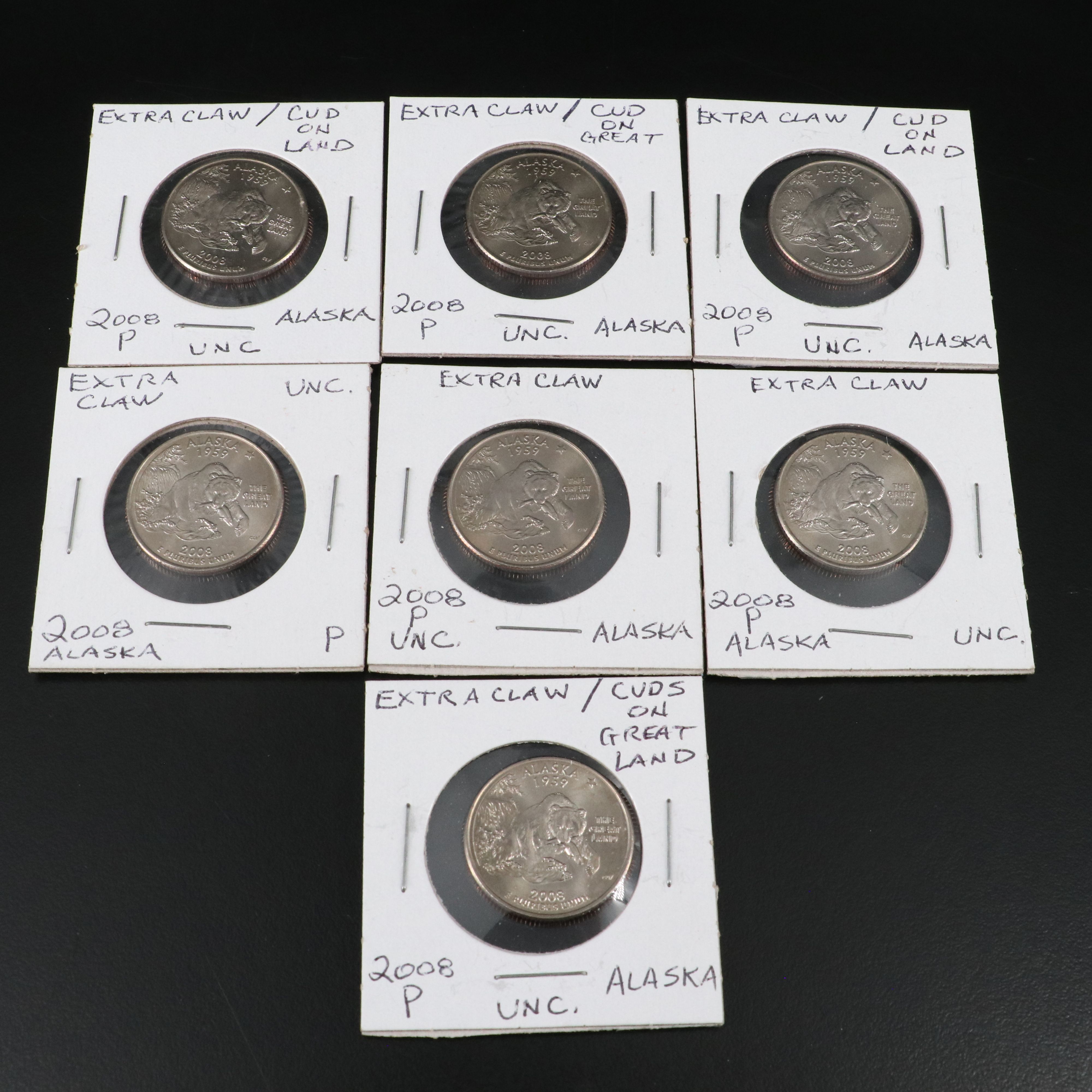 Seven 2008-P Alaska State Quarters with One of That Year's Claw ...